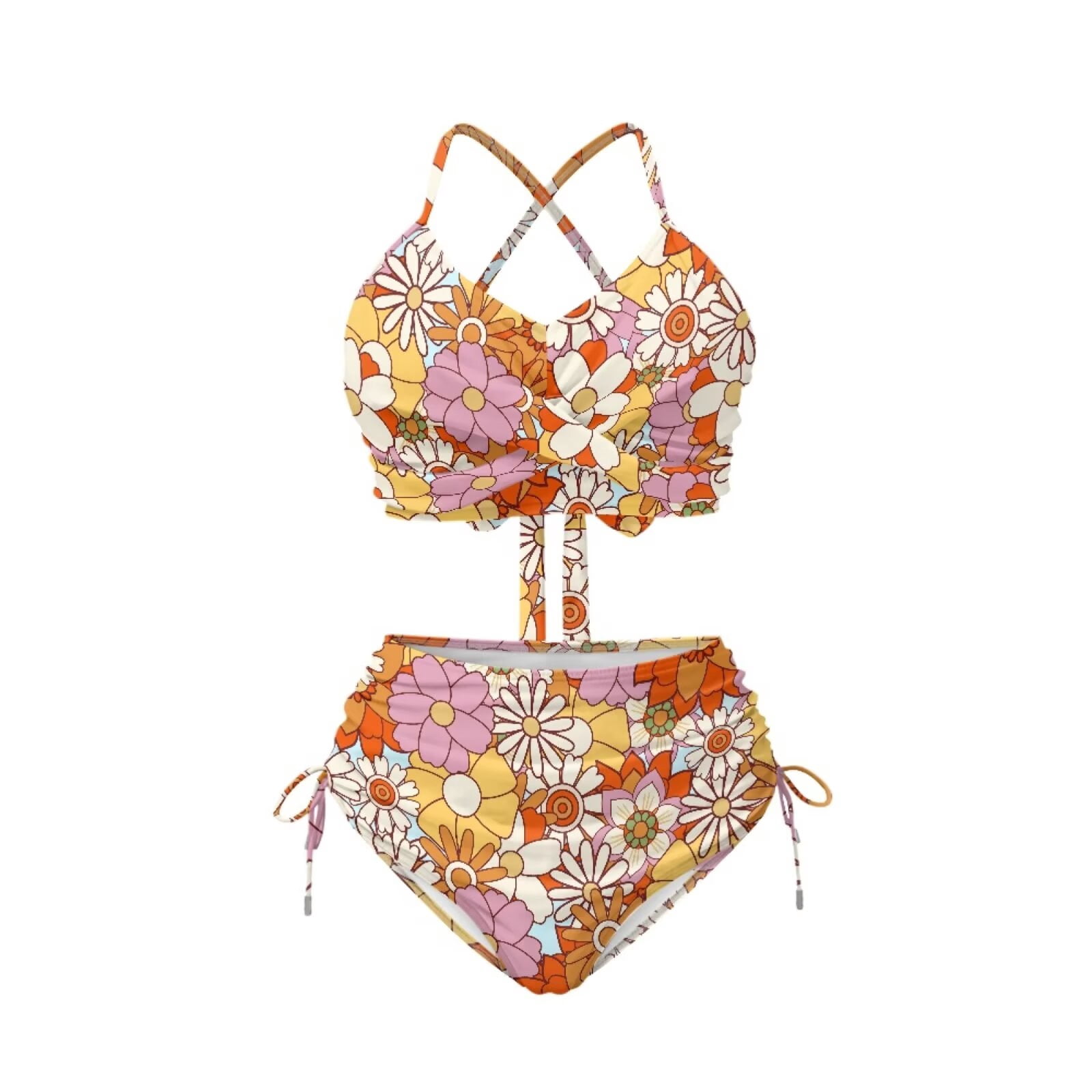 CHAQLIN Orange Hippy Floral Two Piece Bathing Suit Set for Women Sexy ...
