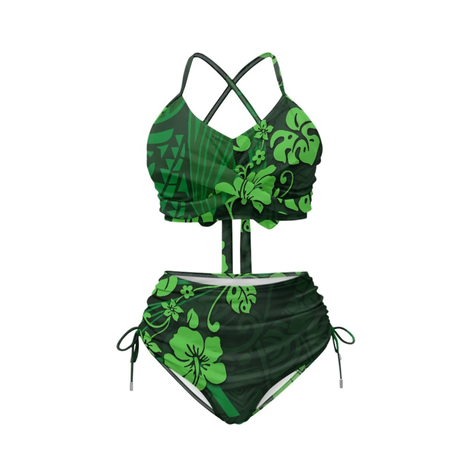 CHAQLIN Polynesian Hibiscus Flower Green Bathing Suits Two Piece High ...
