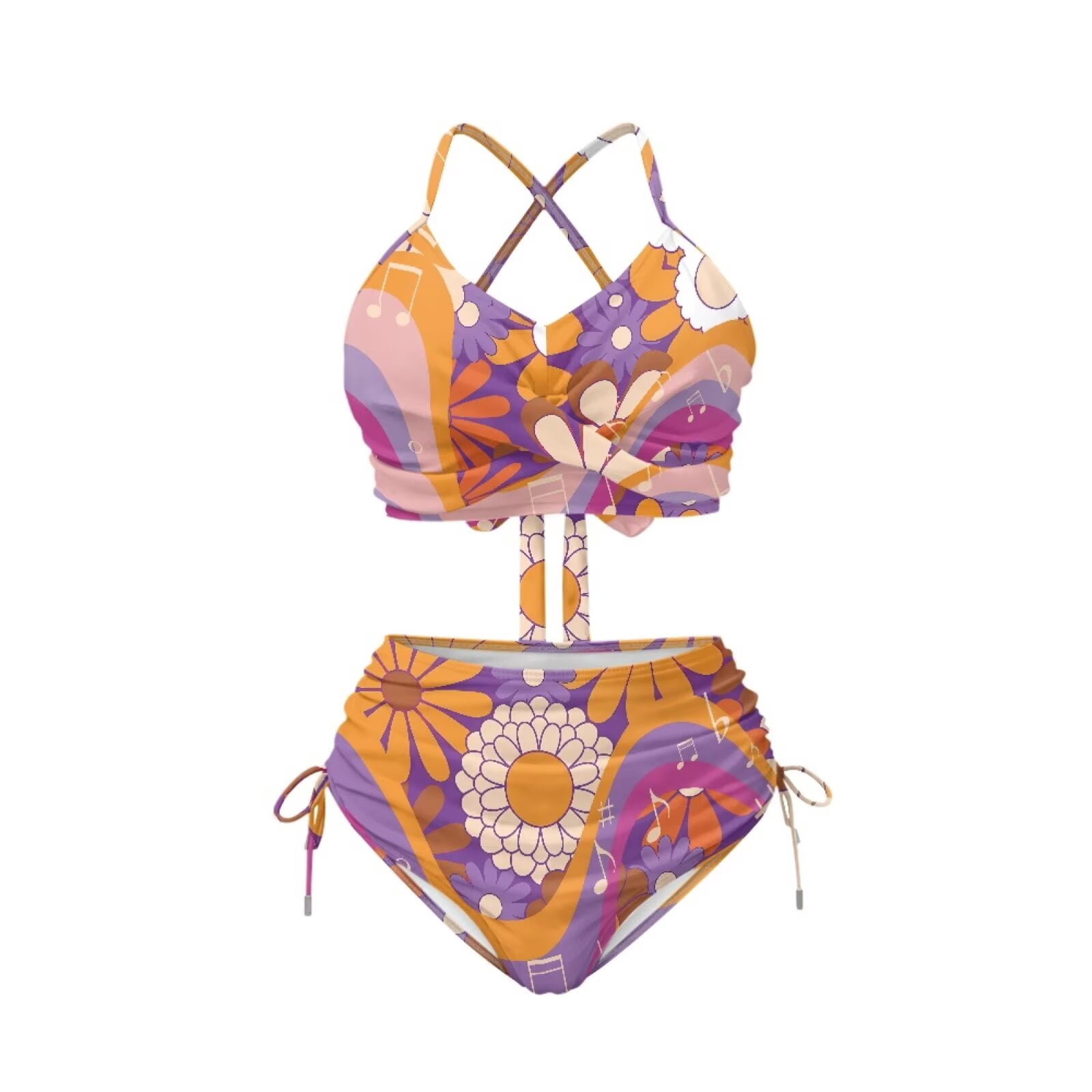 CHAQLIN Retro Hippy Floral Purple 2 Piece Bikini Set for Women Sexy ...