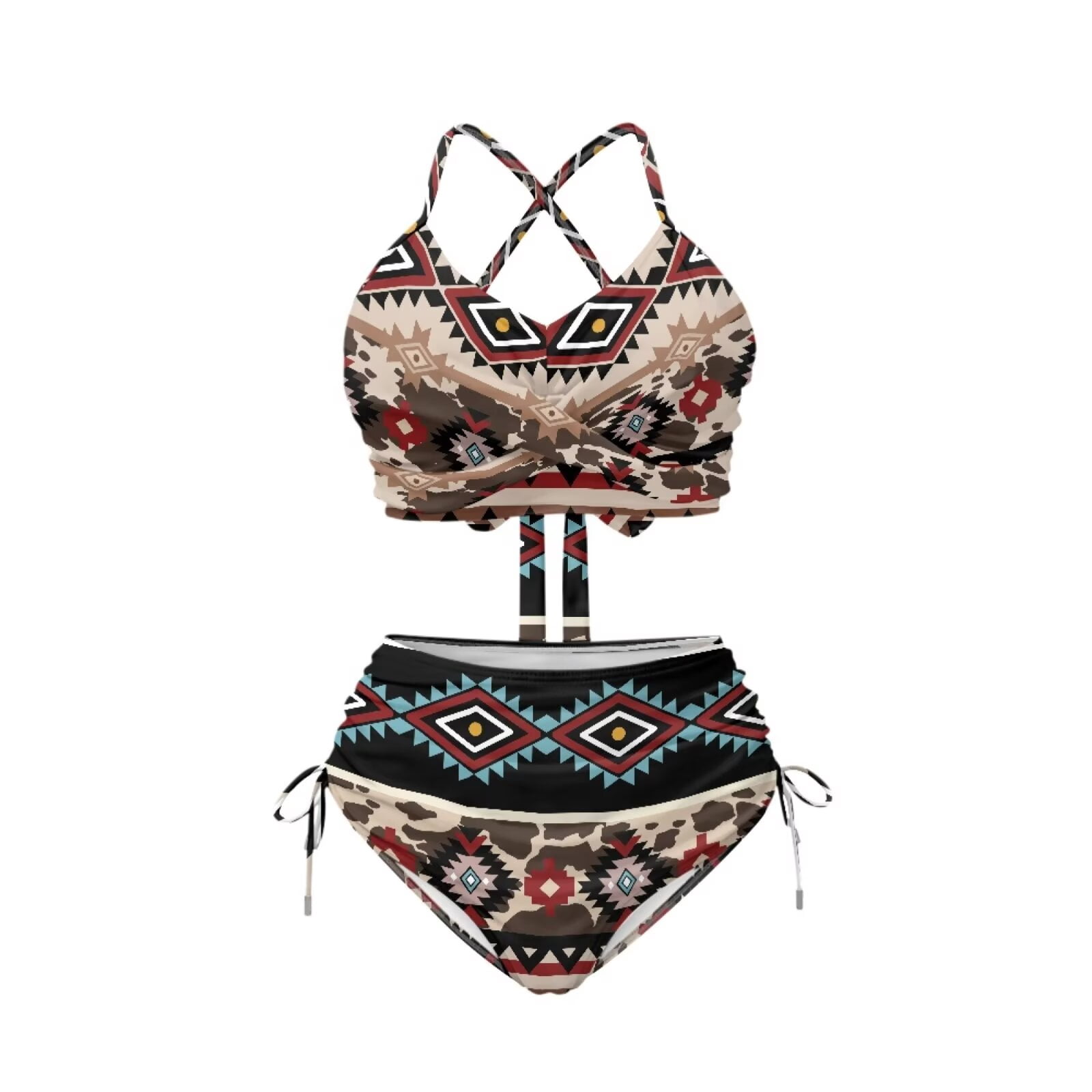CHAQLIN Retro Tribe Ethnic Red Black Swimsuit Set for Women Two Piece ...