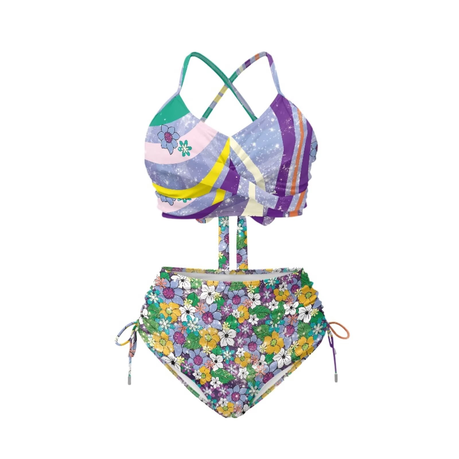 CHAQLIN Two Piece Hippy Floral Purple Swirl Bikini Sets High Waisted ...