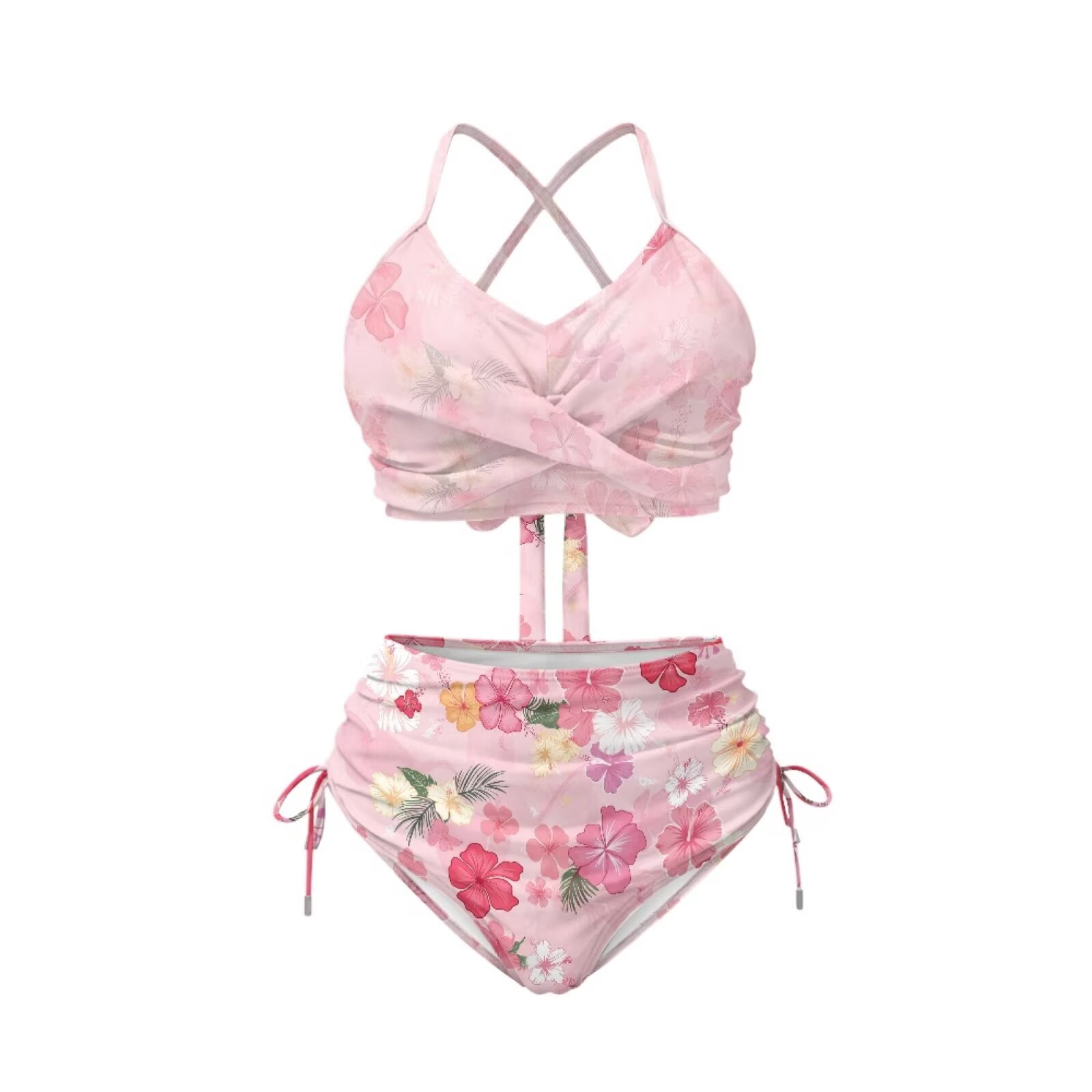 CHAQLIN Women's Pink Hibiscus Flower High Waisted Bikini Set for Women ...