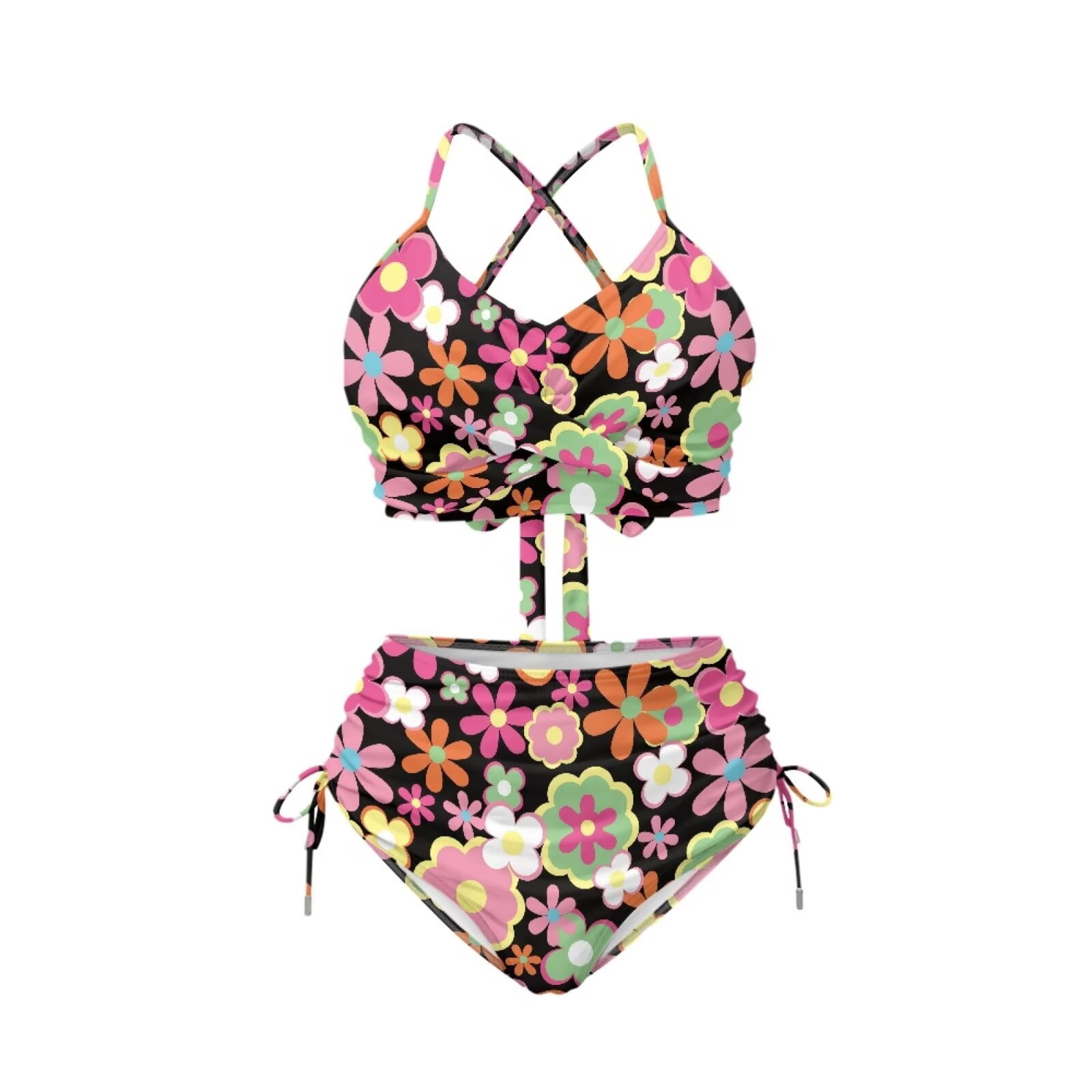 CHAQLIN Women's Pink Hippie Floral Swimsuits Two Piece Black Drawstring ...