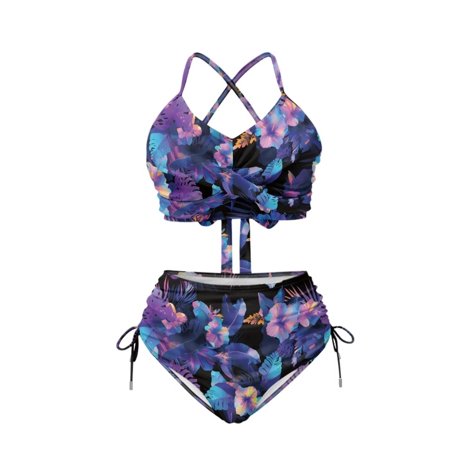 CHAQLIN Women's Purple Hibiscus Flower Swimsuits High Waist Bikini Set ...