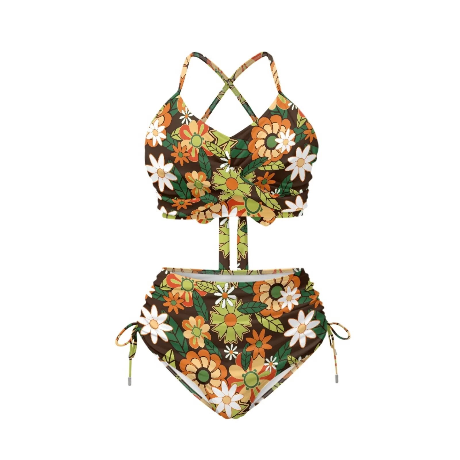 CHAQLIN Women's Swimsuits Two Piece Green Orange Hippie Flower Bathing ...