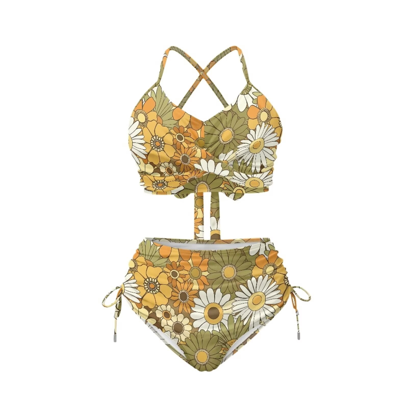 CHAQLIN Womens Green Orange Hippie Floral Bathing Suit Sexy High ...