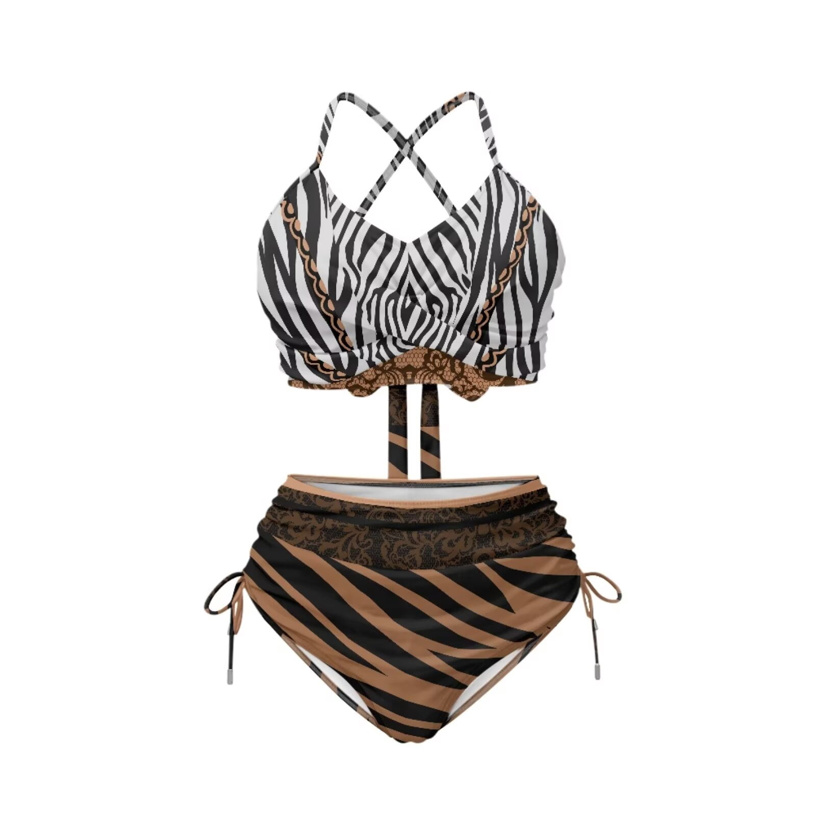 CHAQLIN Zebra Stripes Brown Swimsuit Set for Women Two Piece Cross Lace ...