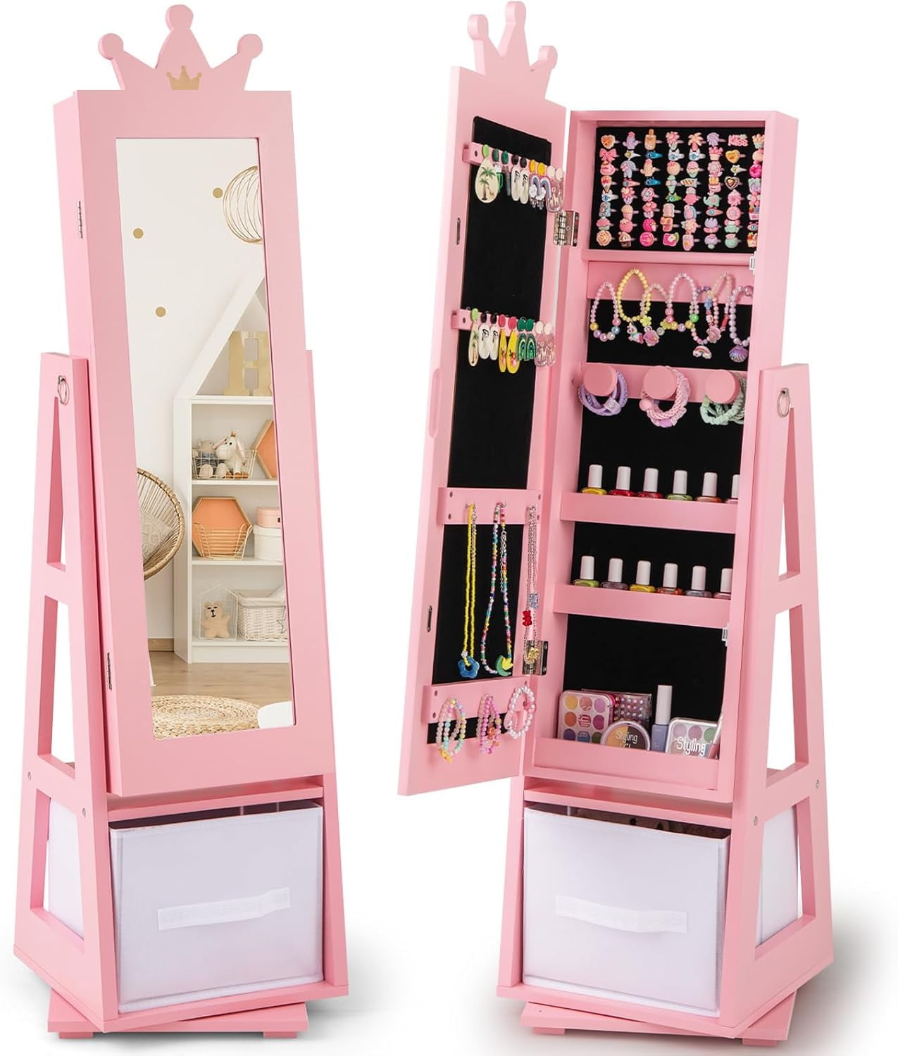 CHARMAID 360° Swivel Kids Jewelry Cabinet, 47" Full Length Mirror with ...