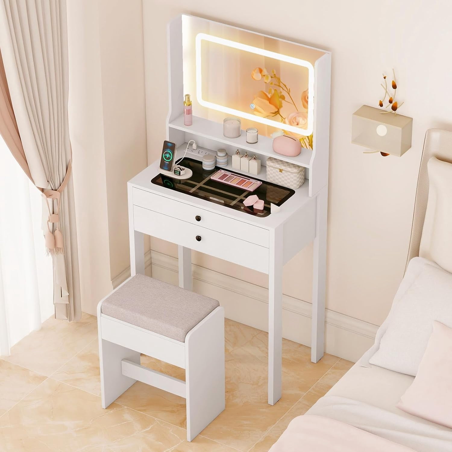 CHARMAID Compact Vanity Desk with Lighted Mirror, Built-in Charging ...