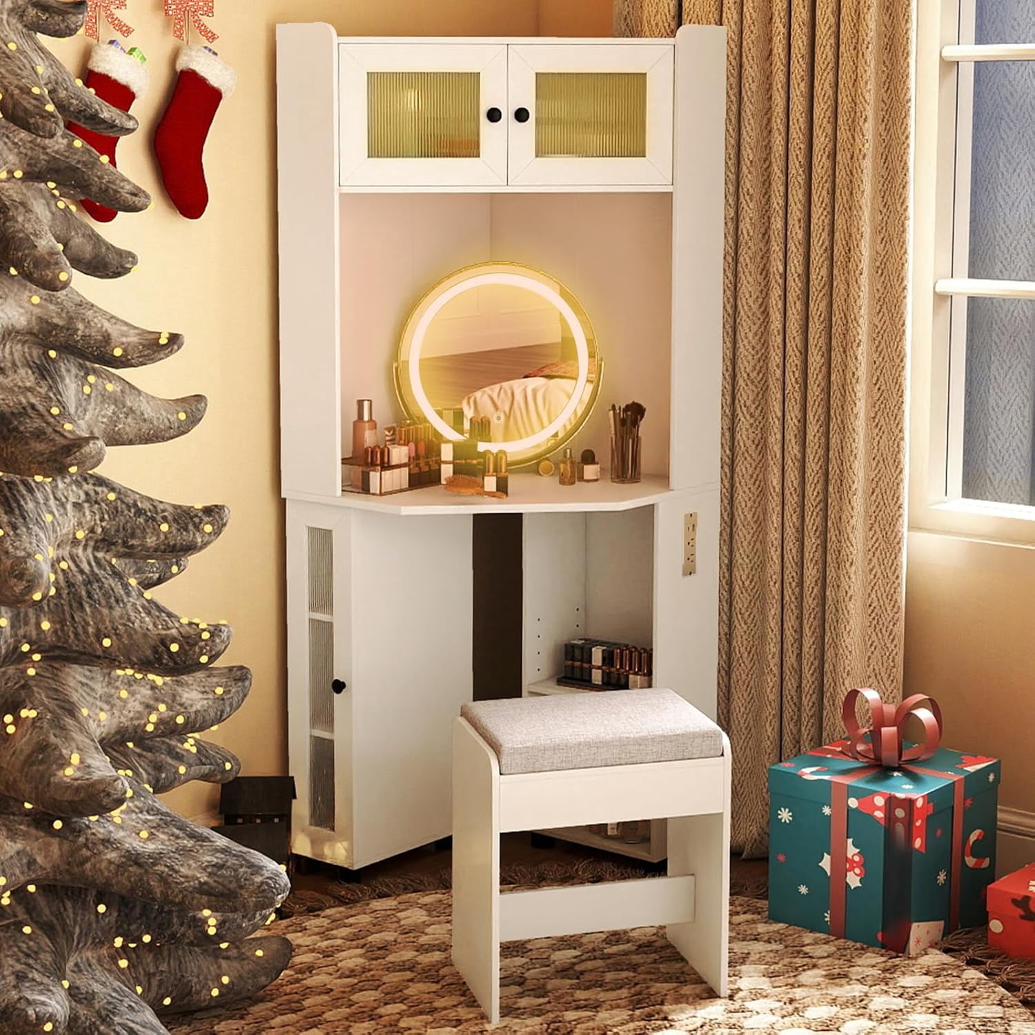 CHARMAID Corner Vanity Desk with LED Mirror & Lighted Fluted Cabinet ...