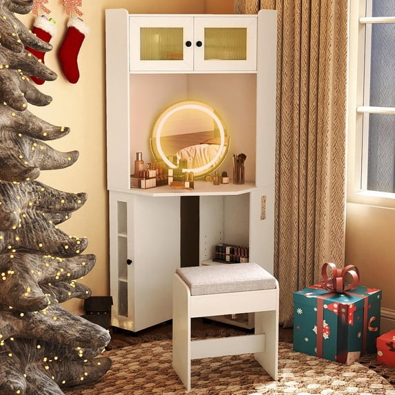 CHARMAID Corner Vanity Desk with LED Mirror & Lighted Fluted Cabinet ...