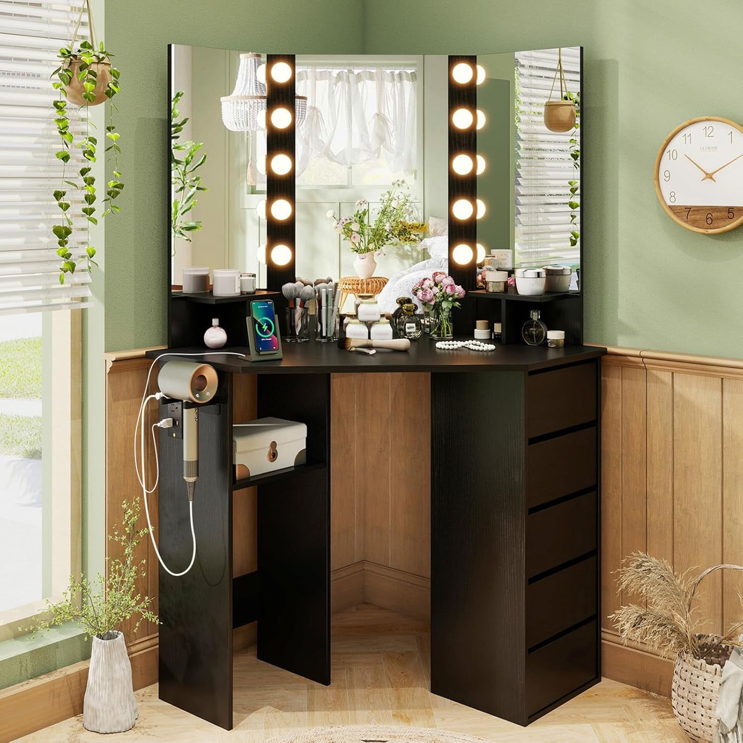 CHARMAID Corner Vanity Desk with Mirror and Lights, Black Makeup Vanity ...