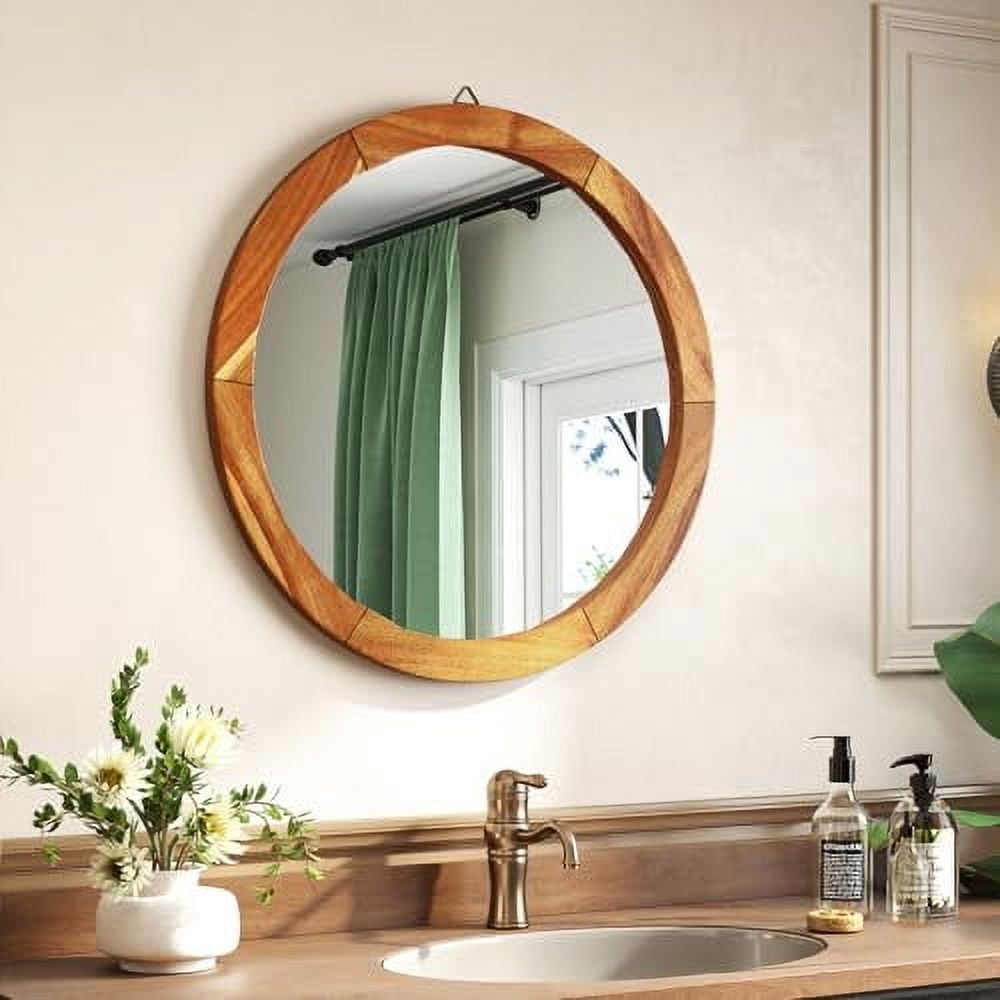 CHARMAID Farmhouse Wall Mirror - 27" Round Mirror with Solid Acacia ...
