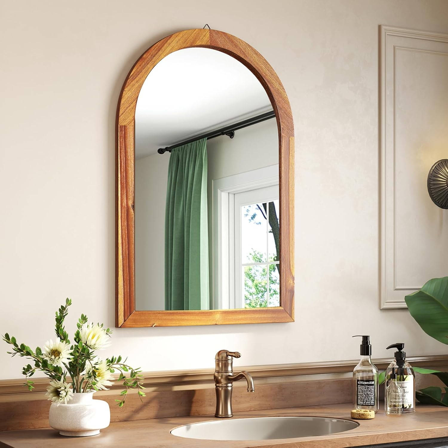 CHARMAID Farmhouse Wall Mirror - 35" x 24" Arched Mirror with Solid ...