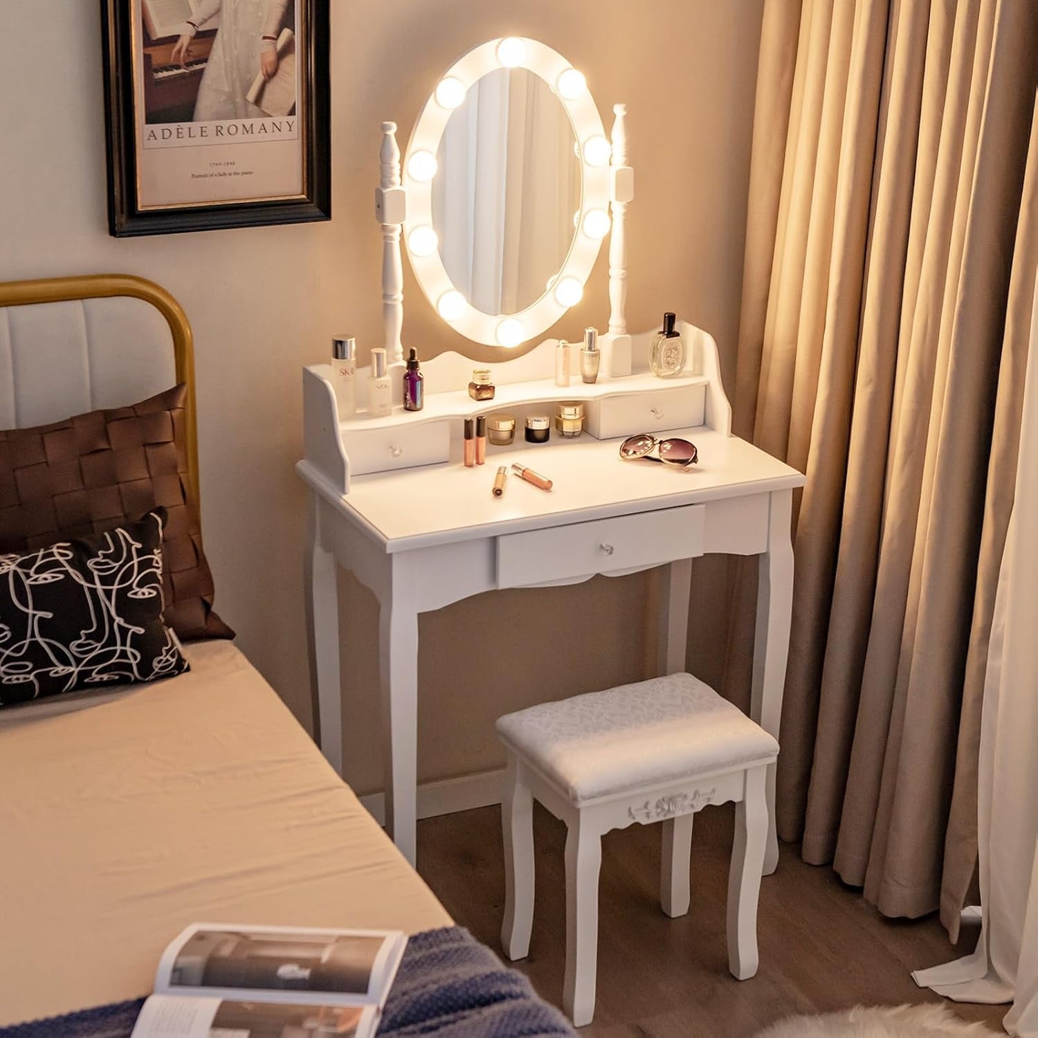 CHARMAID Girls Makeup Vanity Desk with Lights, Vanity Table with ...
