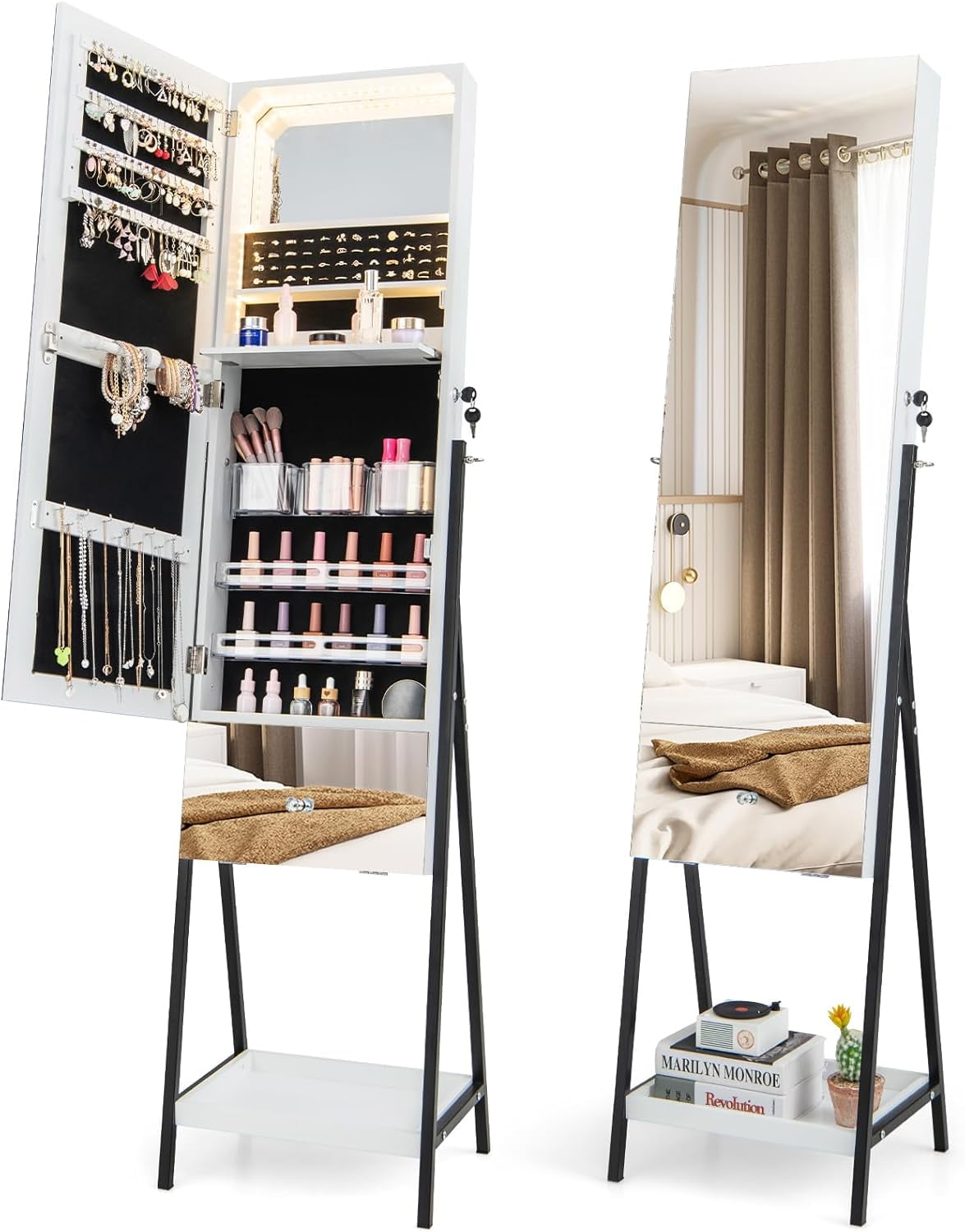 CHARMAID Jewelry Cabinet Armoire with Full Length Mirror, 3-Color Light ...