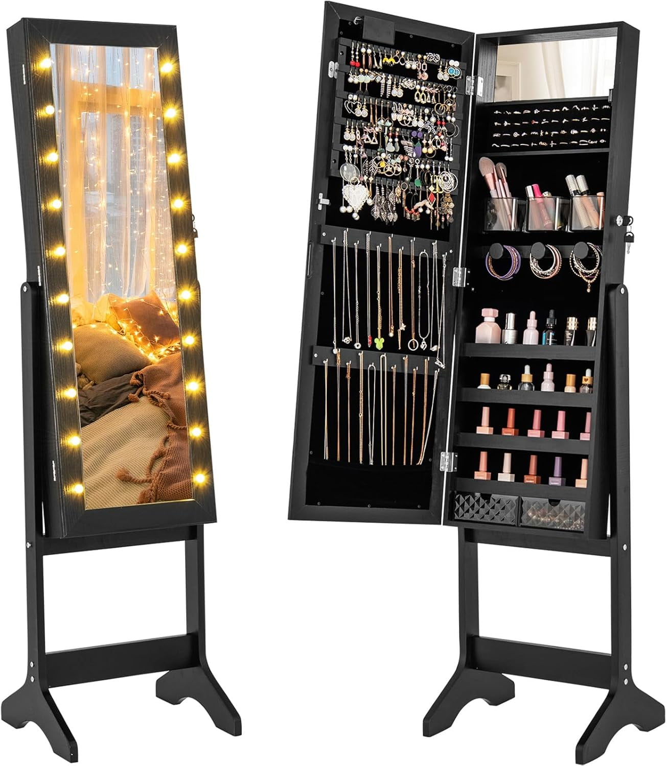 CHARMAID Jewelry Cabinet with Full Length Mirror and Warm Lights ...