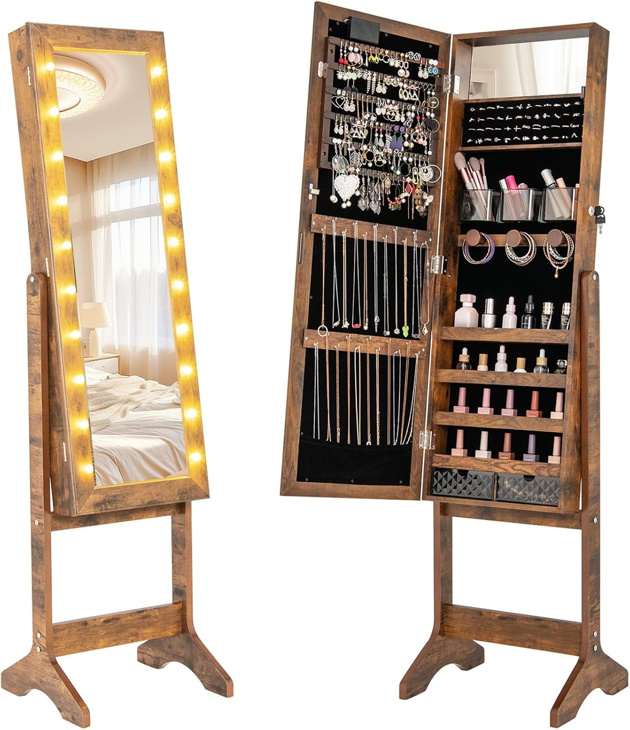 CHARMAID Jewelry Cabinet with Full Length Mirror and Warm Lights ...