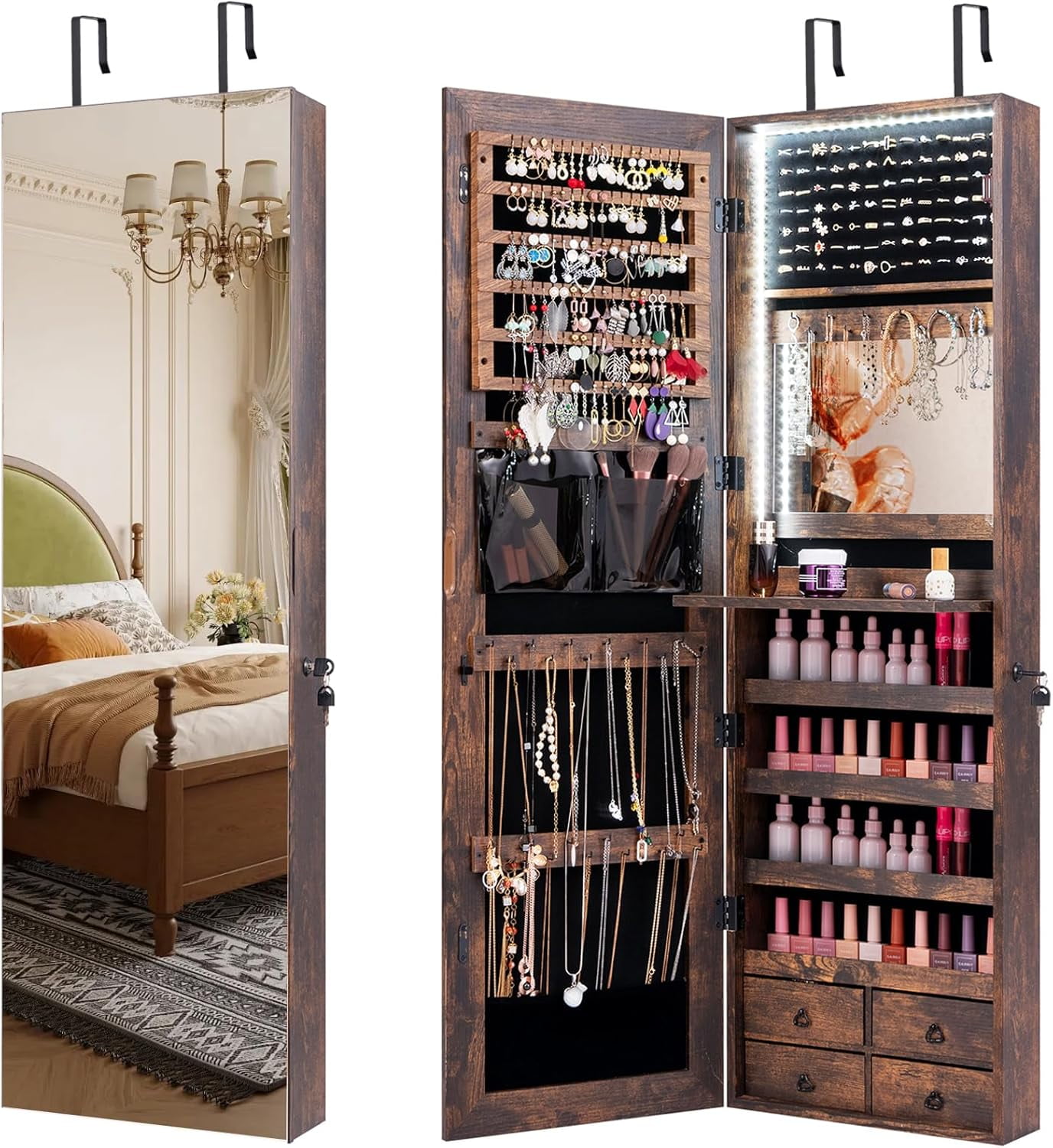 CHARMAID LED Strip Jewelry Armoire with 47.2" H Full Length Mirror ...