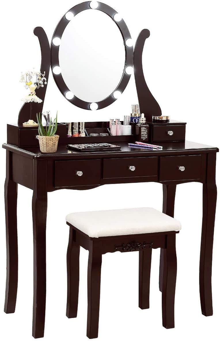 CHARMAID Makeup Vanity Table with Lighted Mirror, Vanity Desk with 10 ...