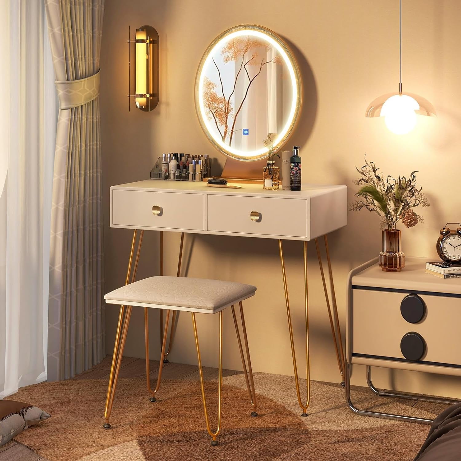 CHARMAID Makeup Vanity Table with Lighted Mirror, Vanity Desk with 2 ...