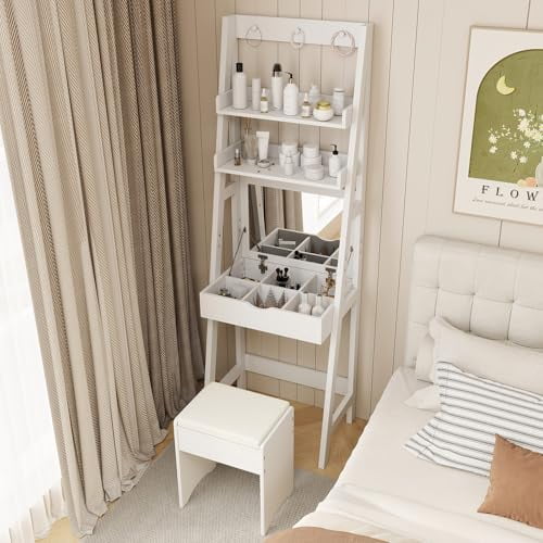 CHARMAID Small Vanity Desk with Mirror, Ladder Makeup Vanity Table with ...