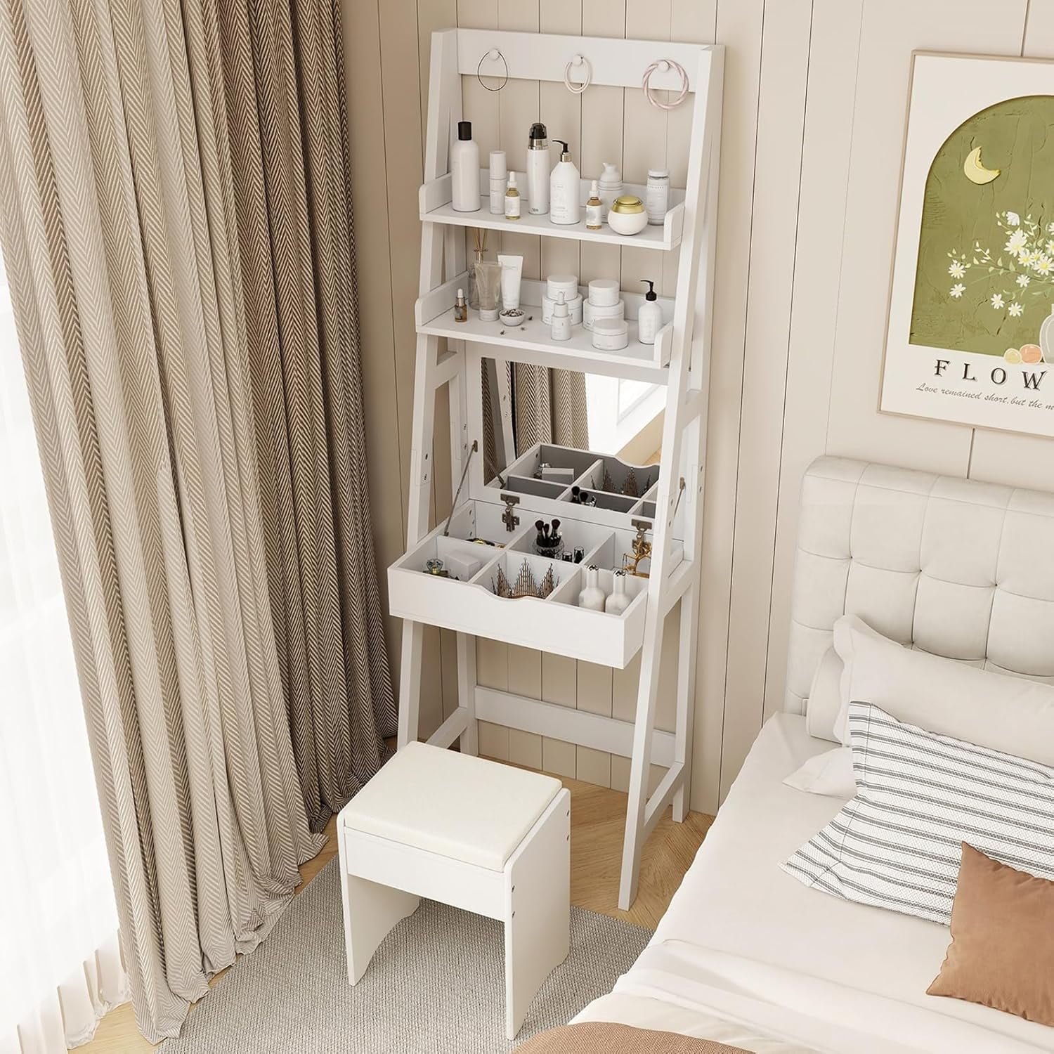 CHARMAID Small Vanity Desk with Mirror, Ladder Makeup Vanity Table with ...