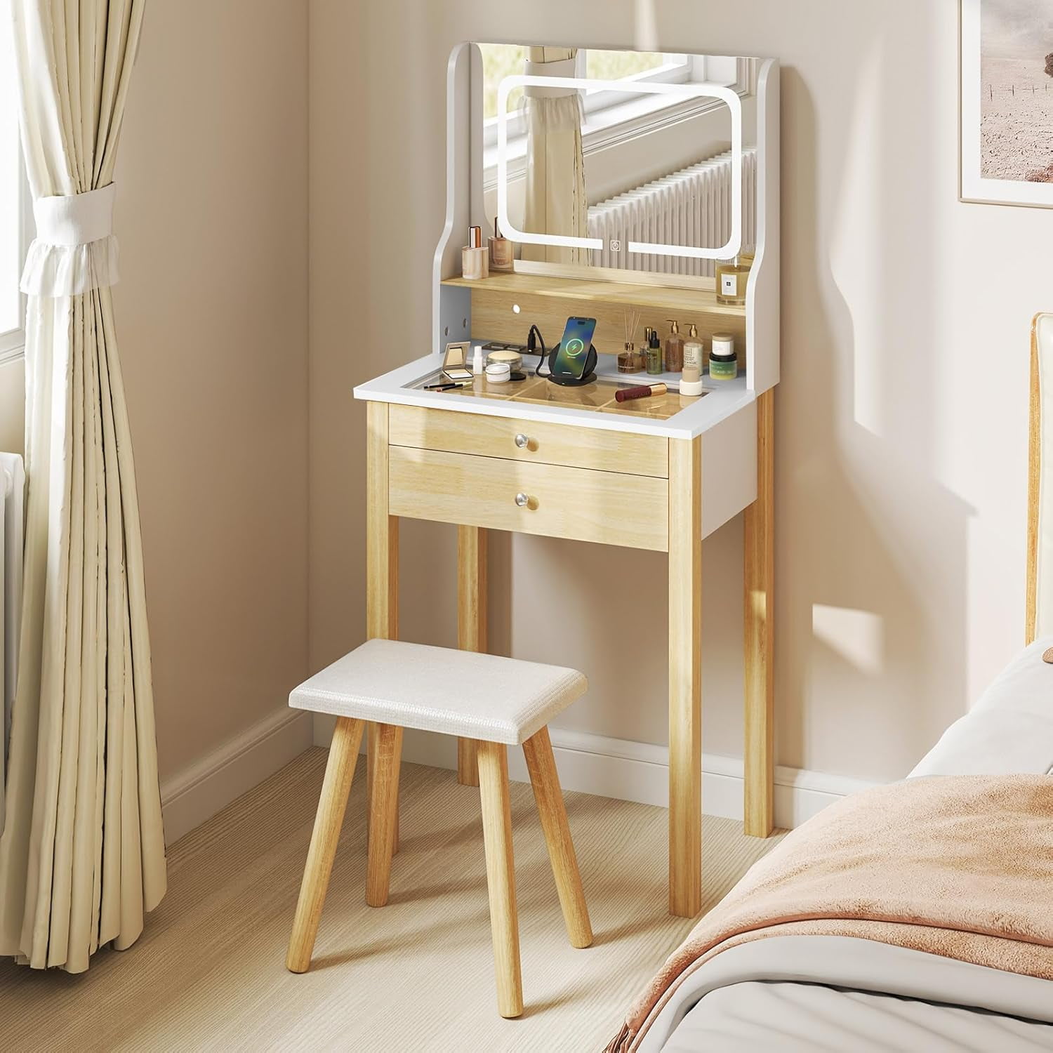 CHARMAID Small Vanity Desk with Mirror and Lights, Glass Tabletop ...
