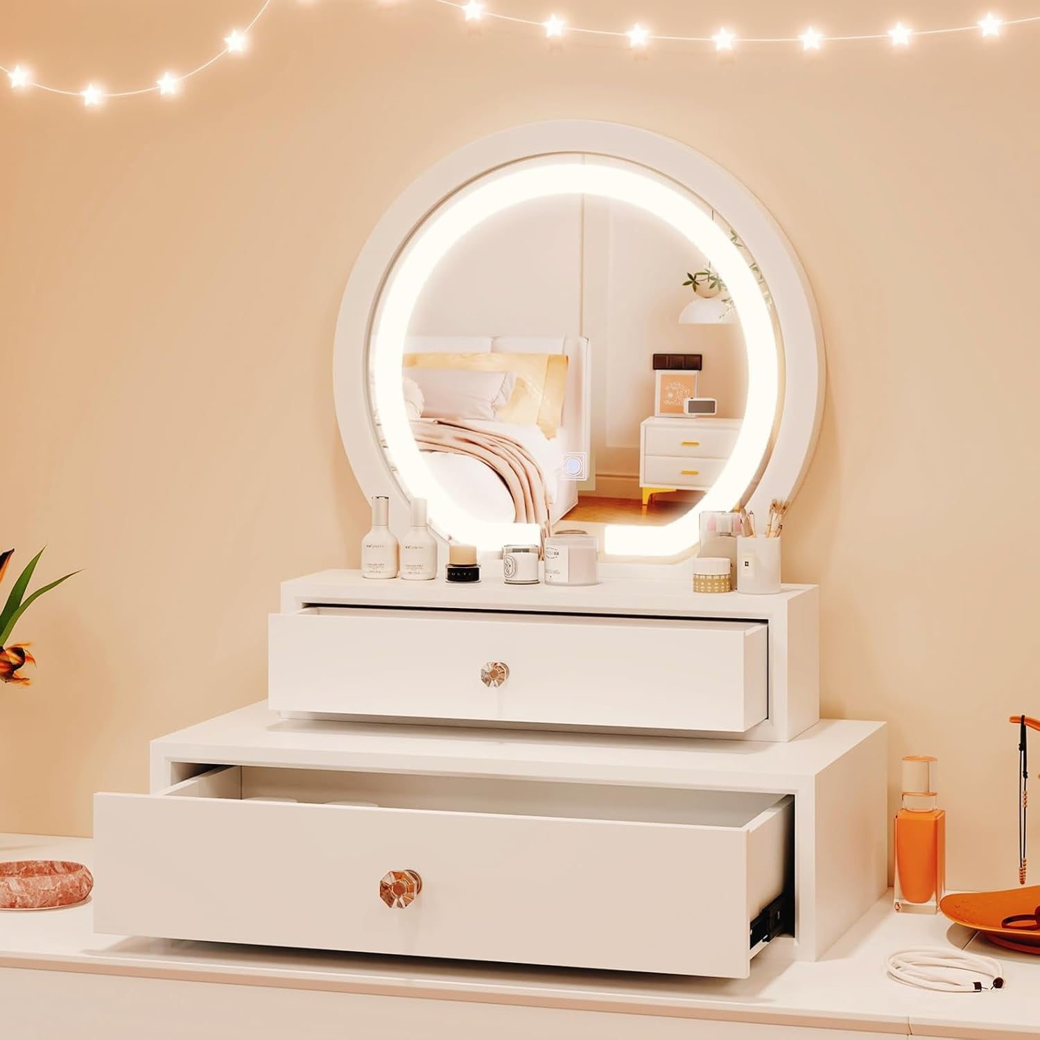 CHARMAID Vanity Mirror with Storage - White Table Top Vanity Mirror ...