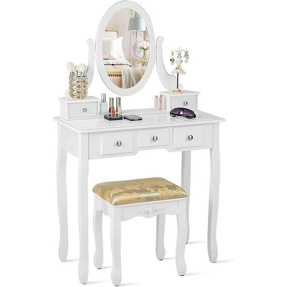 CHARMAID Vanity Table Set with Rotatable Oval Mirror, Bedroom Makeup ...