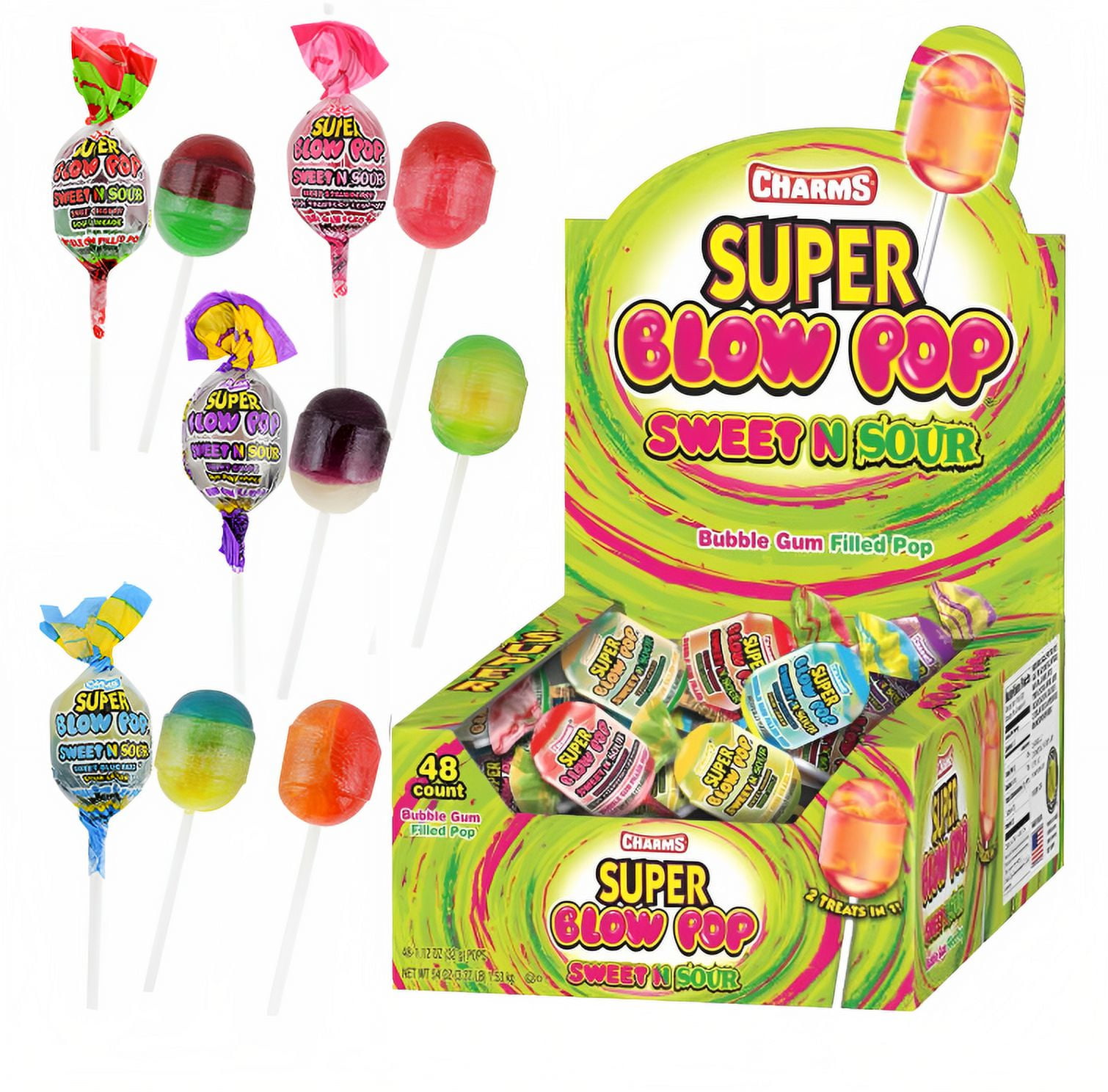 Charms Super Blow Pop, Sweet and Sour Bubble Gum Filled Lollipops, 48 ...