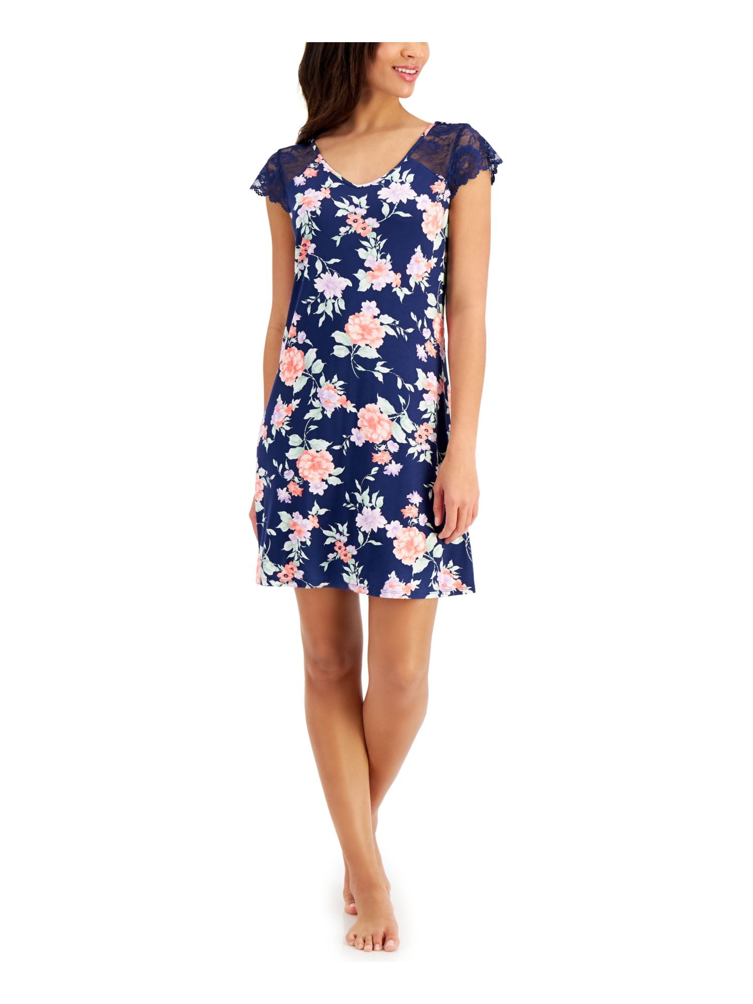CHARTER CLUB Intimates Navy Lace Trim Chemise Floral Nightgown XS ...