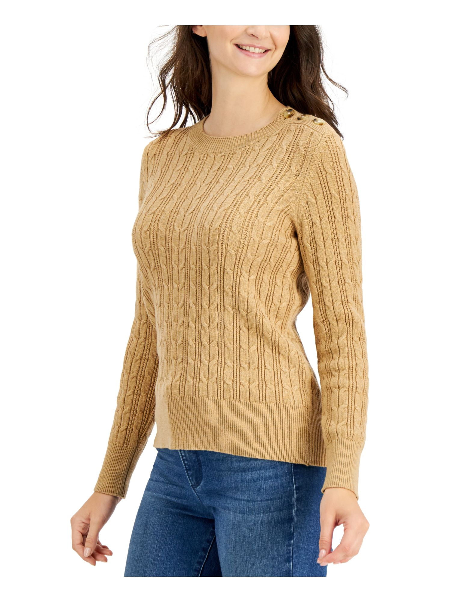 CHARTER CLUB Womens Gold Knit Glitter Button-shoulder Cable-knit Long ...