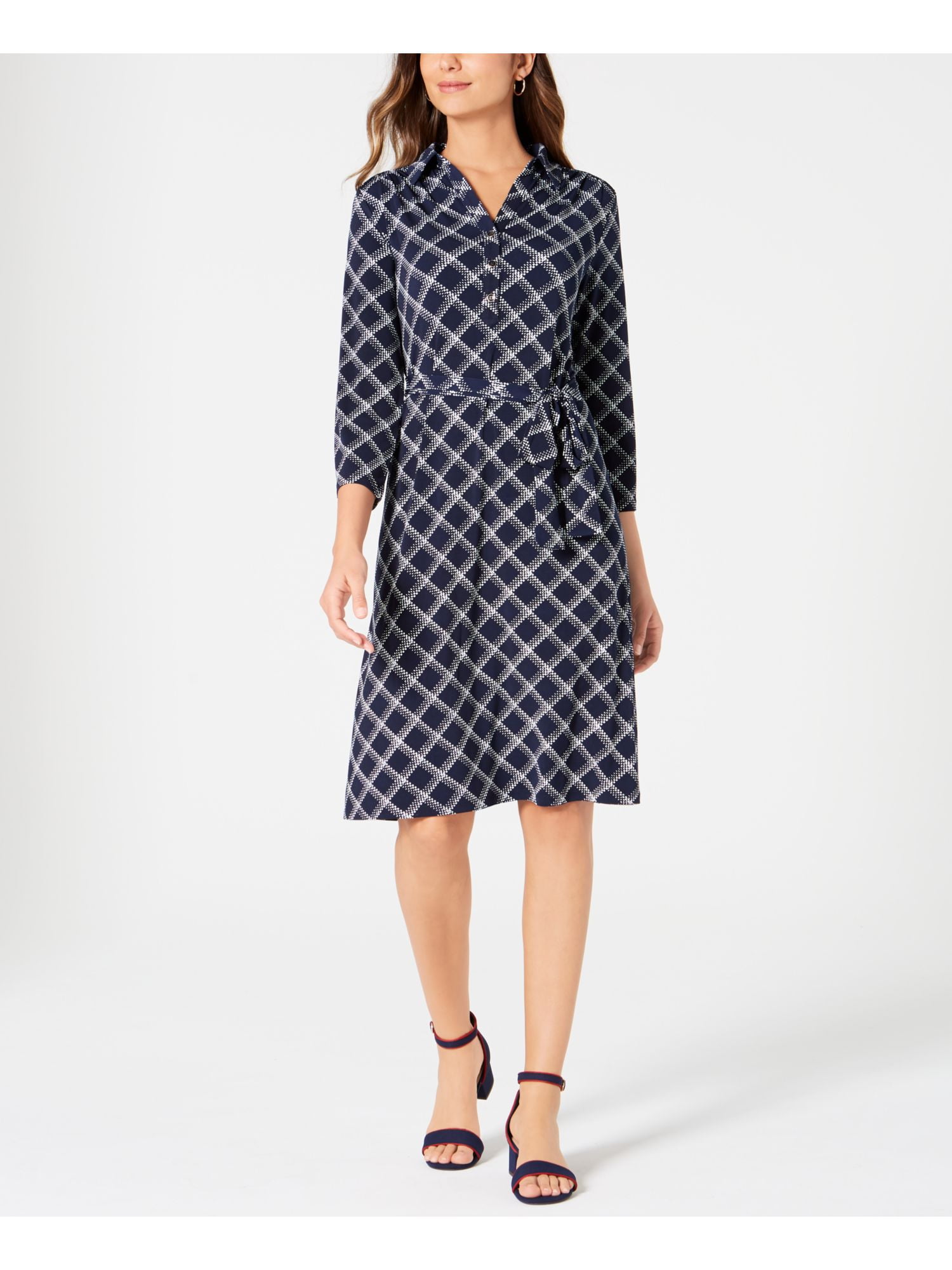 Charter Club Womens Navy 3 4 Sleeve Knee Length Fit Flare Evening