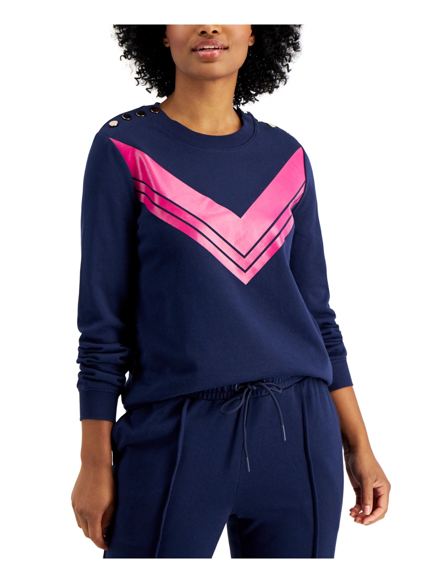 CHARTER CLUB Womens Navy Cotton Blend Ribbed Button Shoulders Printed ...