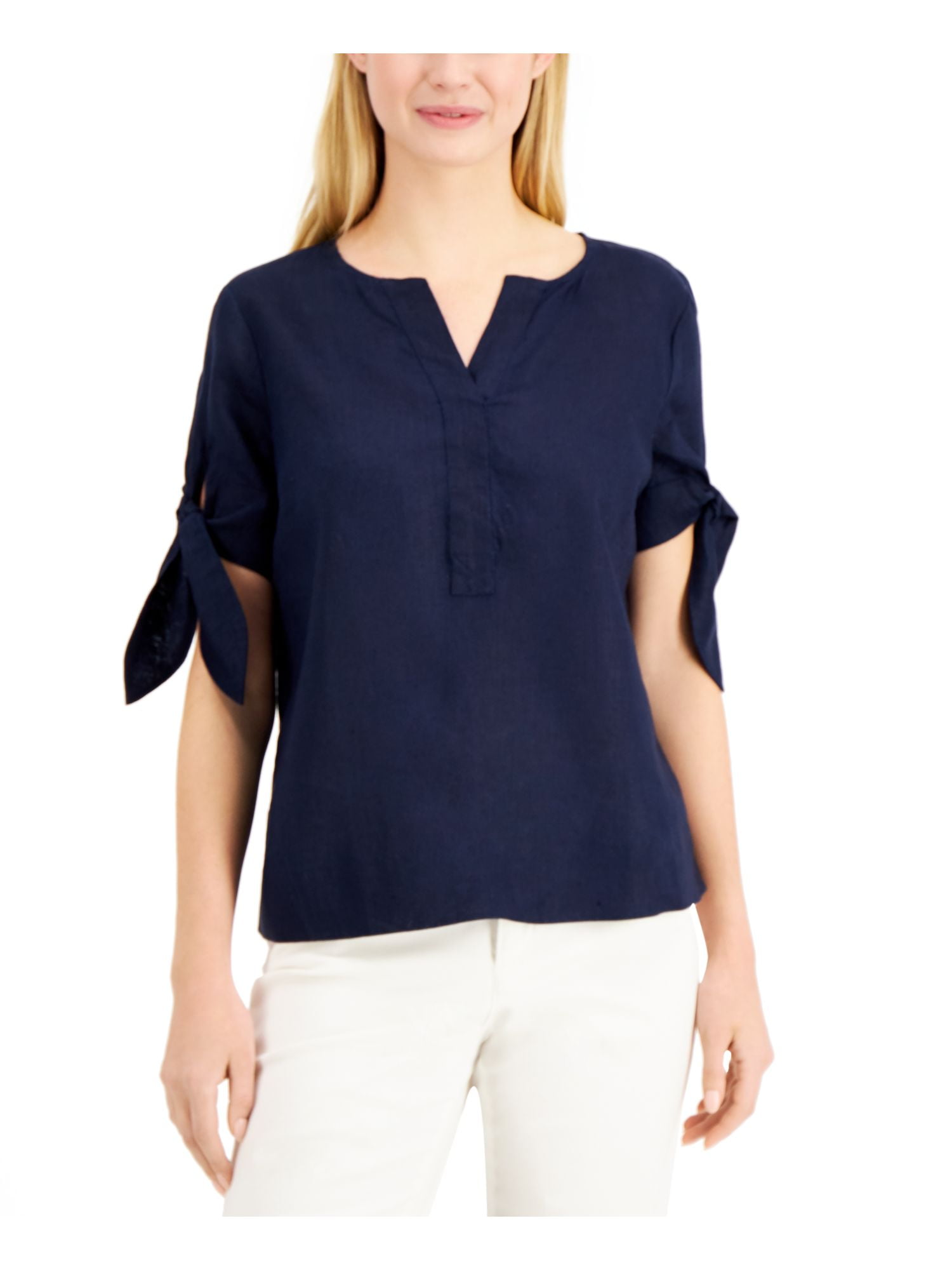 CHARTER CLUB Womens Navy Sheer Unlined Tie Cuffs Vented Hem Short ...