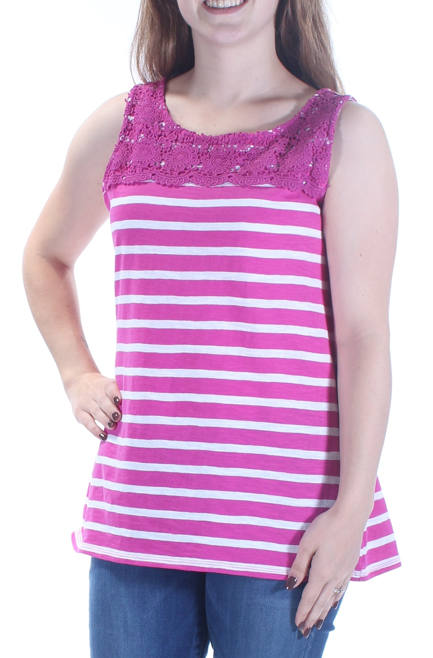 CHARTER CLUB Womens Pink Embellished Striped Sleeveless Scoop Neck Top ...