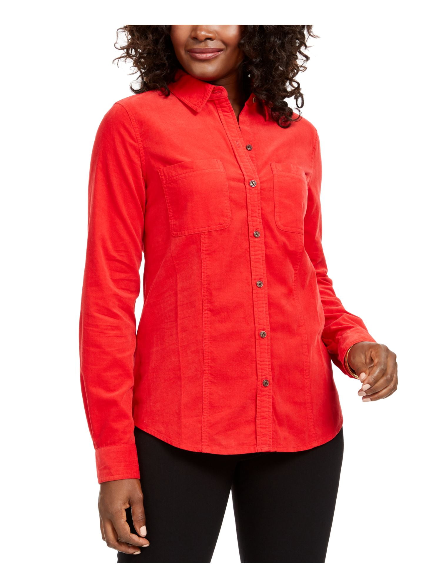 Charter Club Womens Red Pocketed Cuffed Collared Wear To Work Button Up
