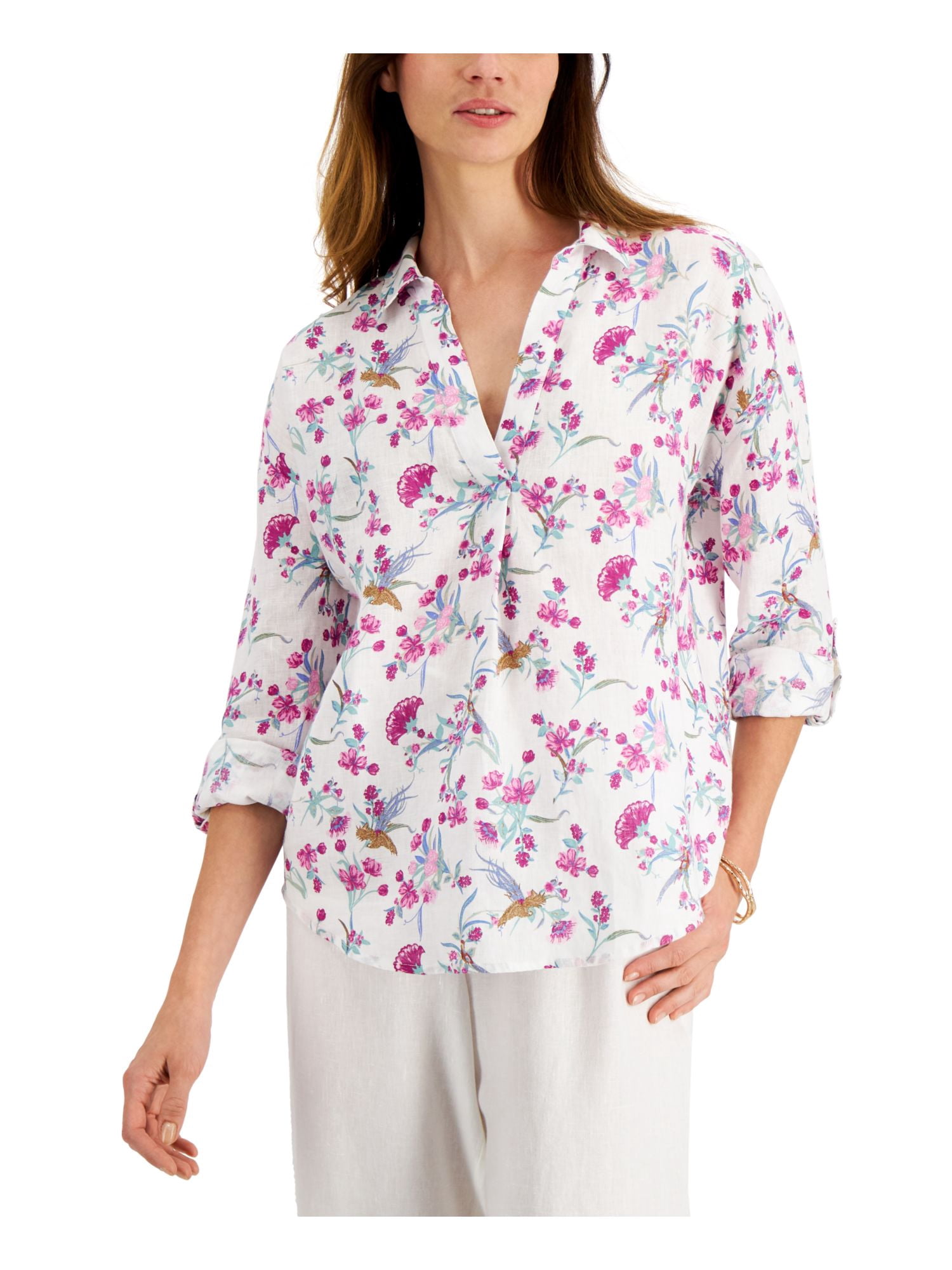 CHARTER CLUB Womens White Floral Roll-tab Sleeve Point Collar Wear To ...