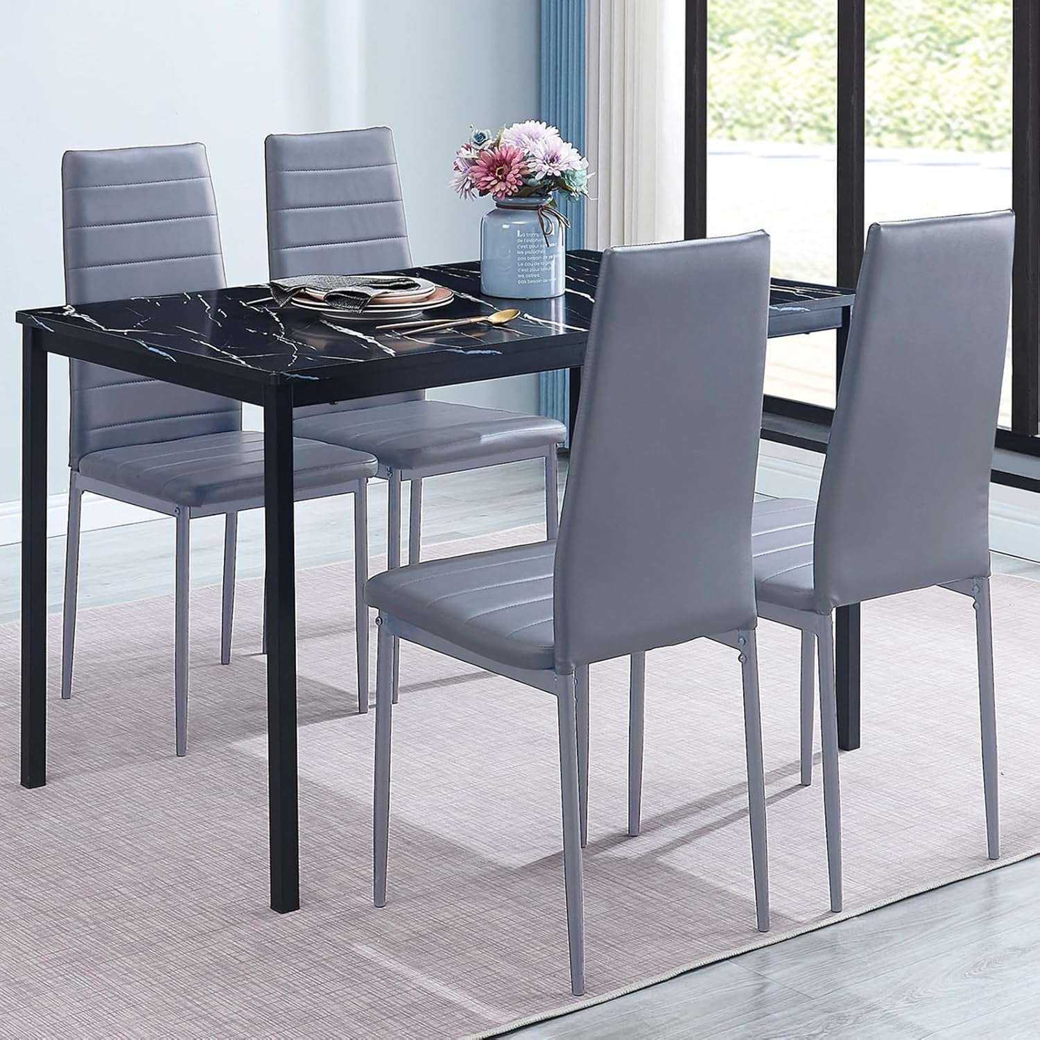 CHAUKY 5-Pieces Dining Room Set for 4 Marbled Dining Table with Chairs ...