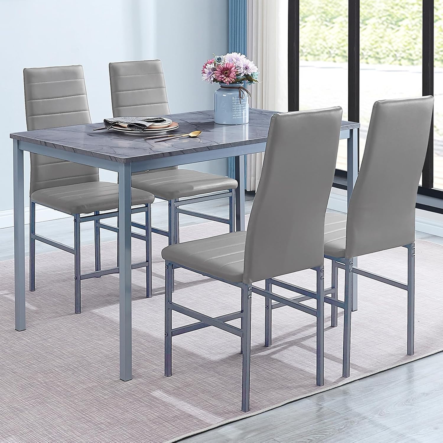 CHAUKY 5-Pieces Dining Room Set for 4 Marbled Dining Table with Chairs ...