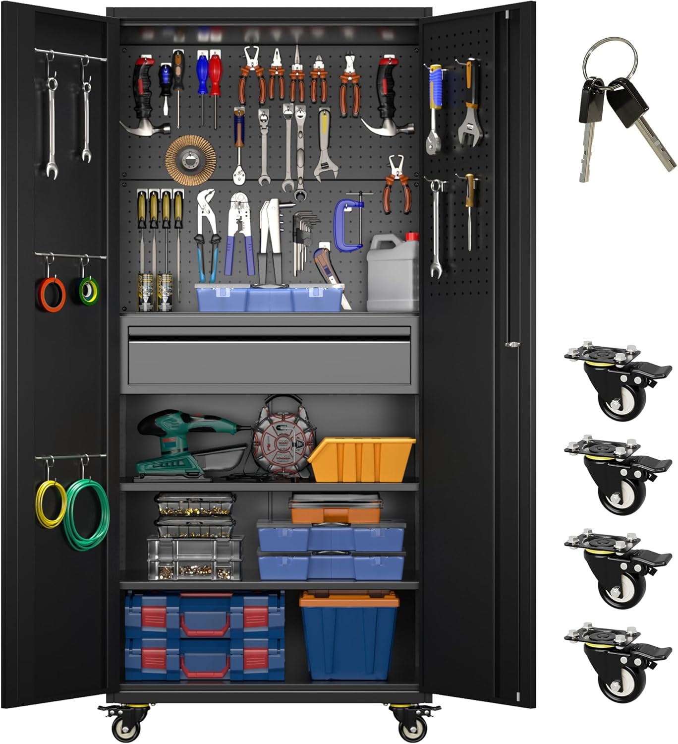 CHAUKY Garage Storage Cabinet with Wheels, Metal Tool Storage Cabinet ...