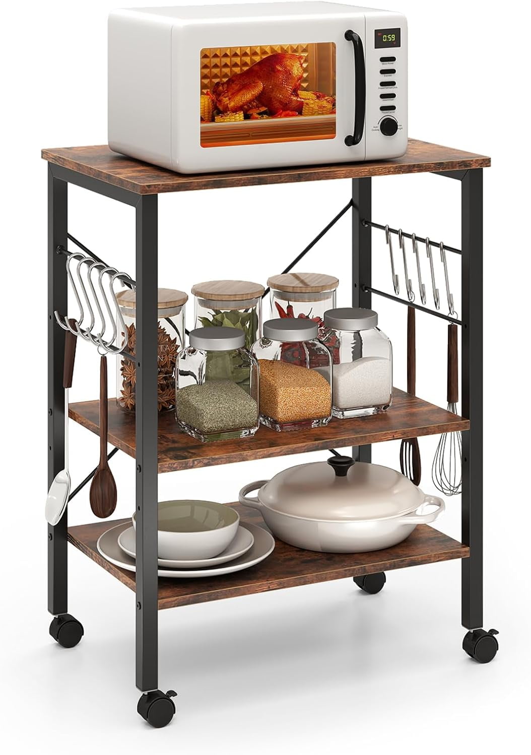 CHAUKY Kitchen Bakers Rack 3-Tier Microwave Cart on Wheels, Industrial ...