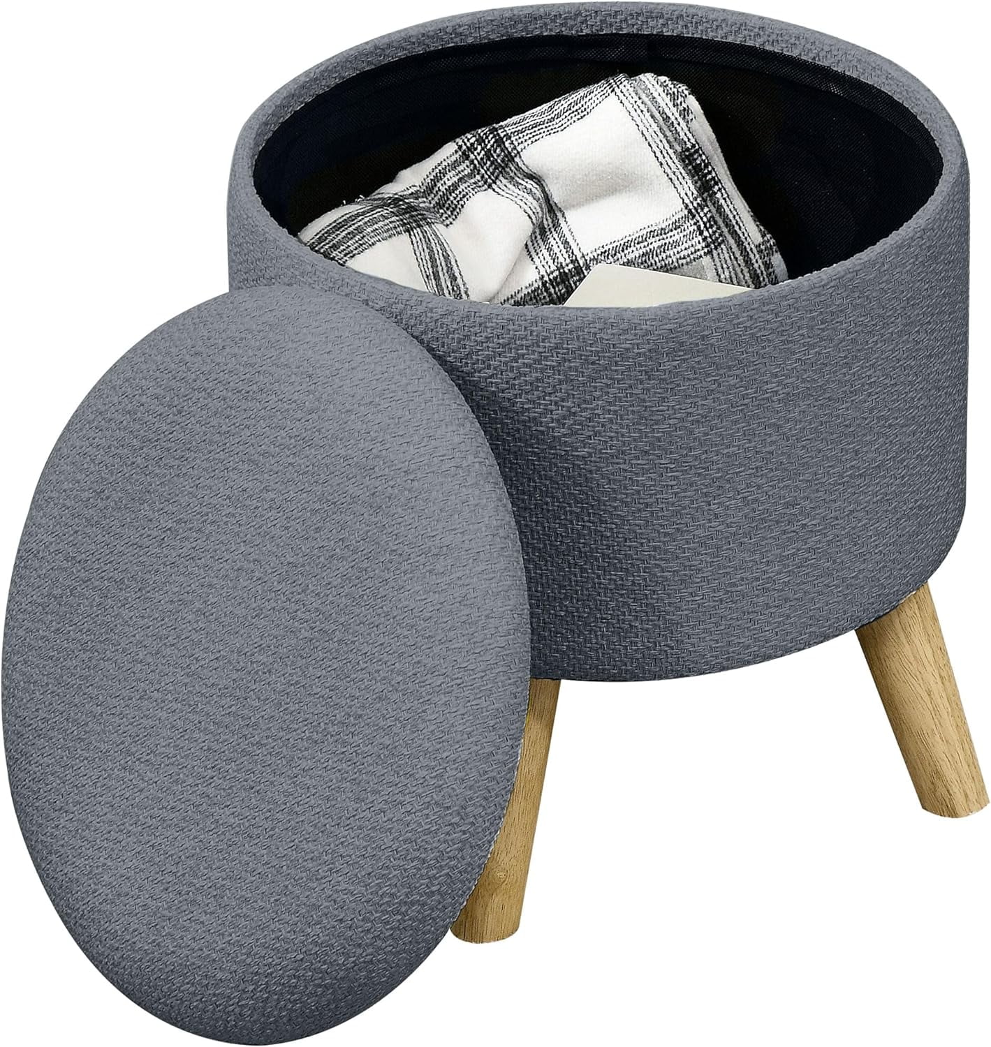CHAUKY Round Storage Ottoman, Linen Fabric Foot Stool with Removable ...