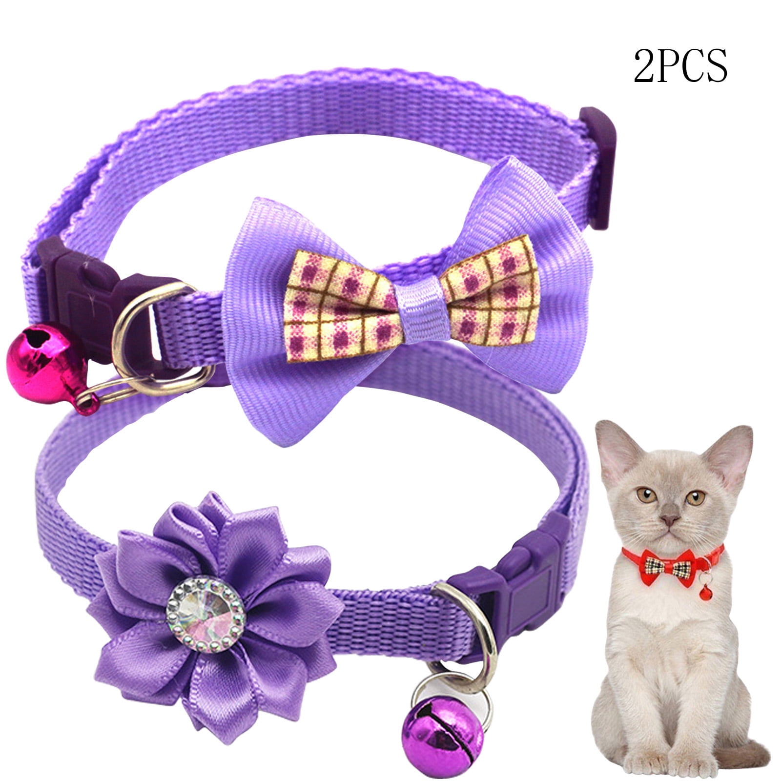 CHBORLESS 2 Pcs Nylon Cat Collar with Bell Bow Tie Flower Adjustable ...
