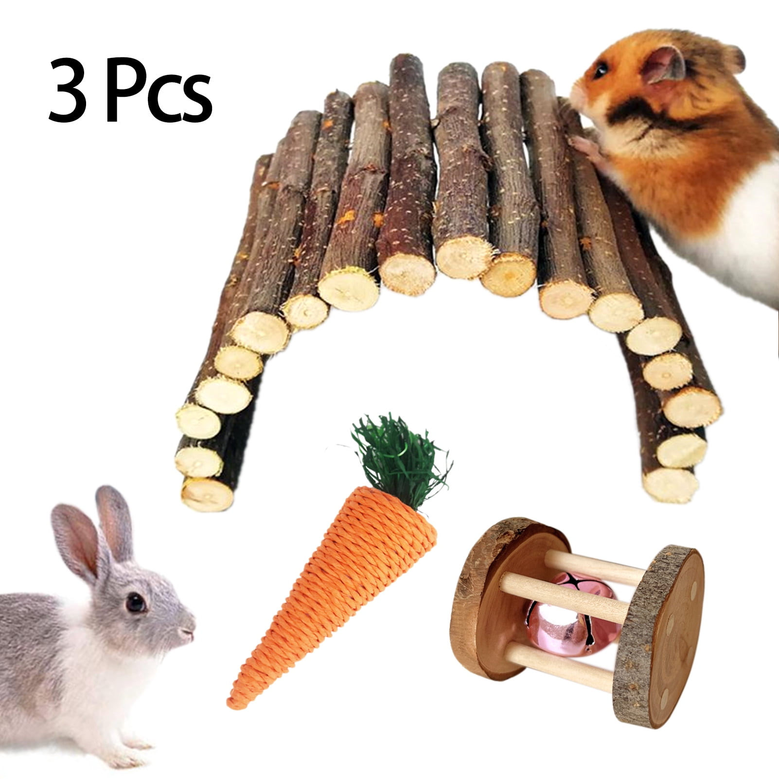 CHBORLESS 3 Pcs Hamster Wooden Ladder Bridge Small Animal Bell Roller ...
