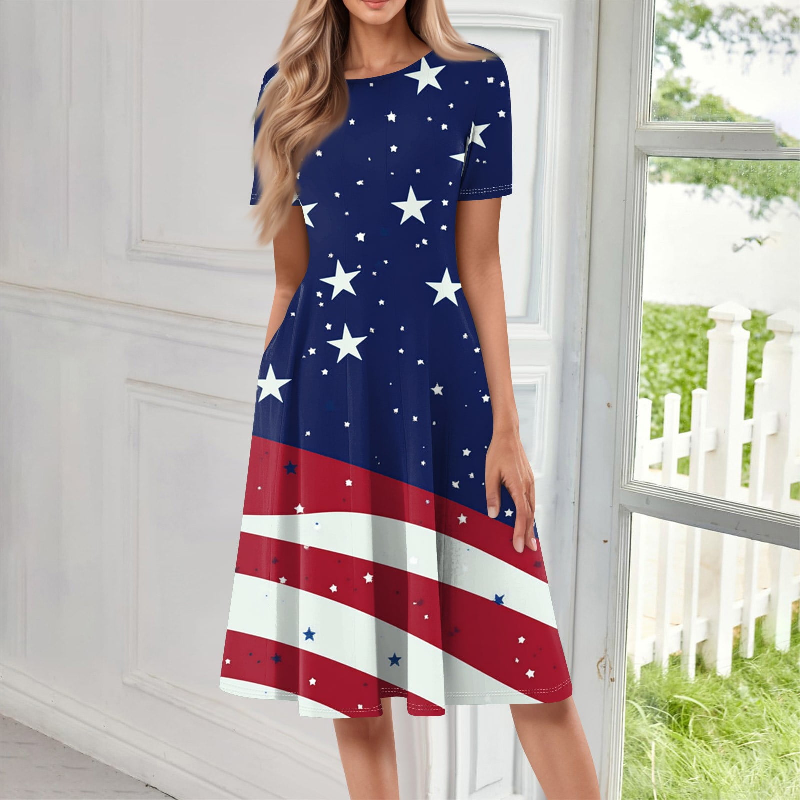 CHCNHAC 4th Of July Summer Dresses for Women Short Sleeve Crewneck Midi ...