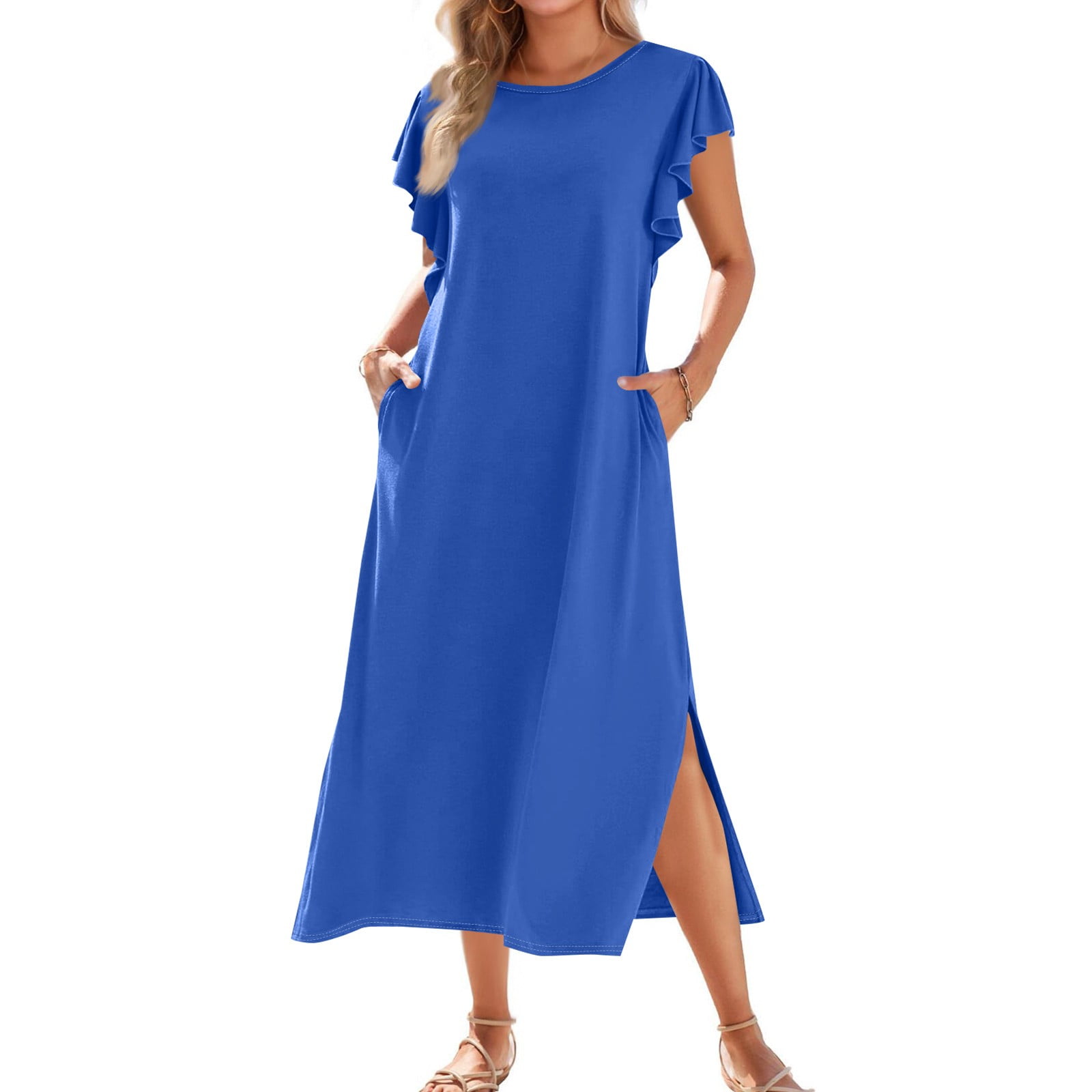 CHCNHAC Beach Dresses for Women Ruffle Sleeve Loose Fit Sundress Summer ...