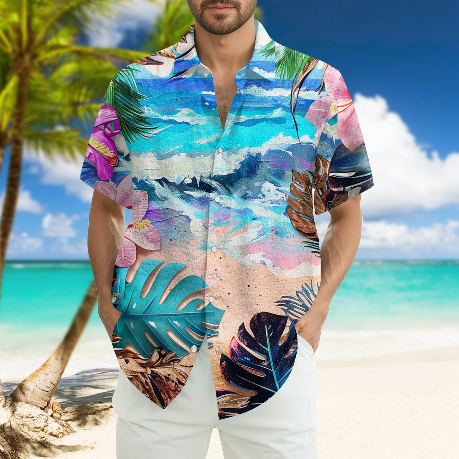 CHCNHAC Beach Shirts for Men Summer Short Sleeve Button Down Floral ...