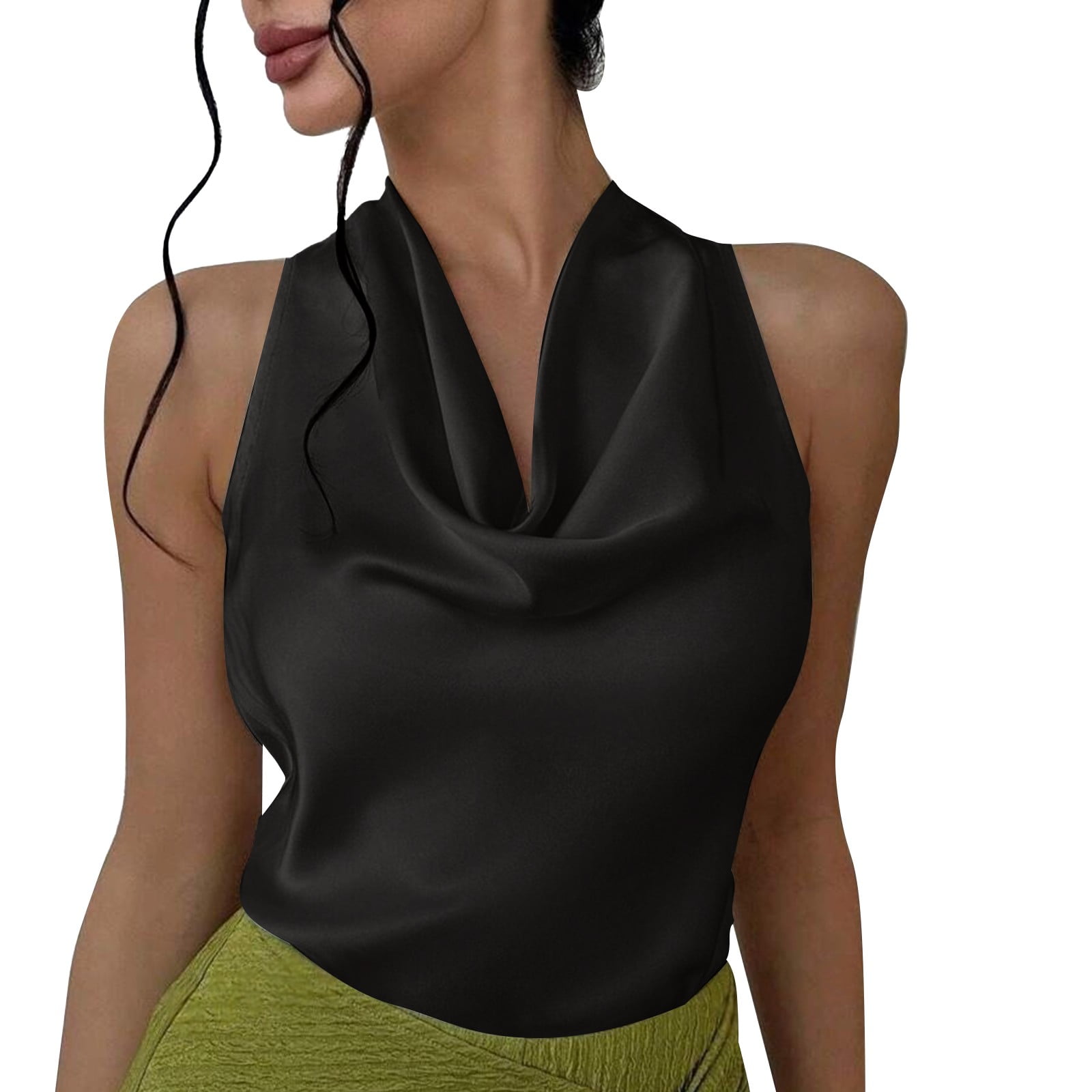 CHCNHAC Black Halter Tops for Women Satin Silky Ruched Draped Tie Back ...